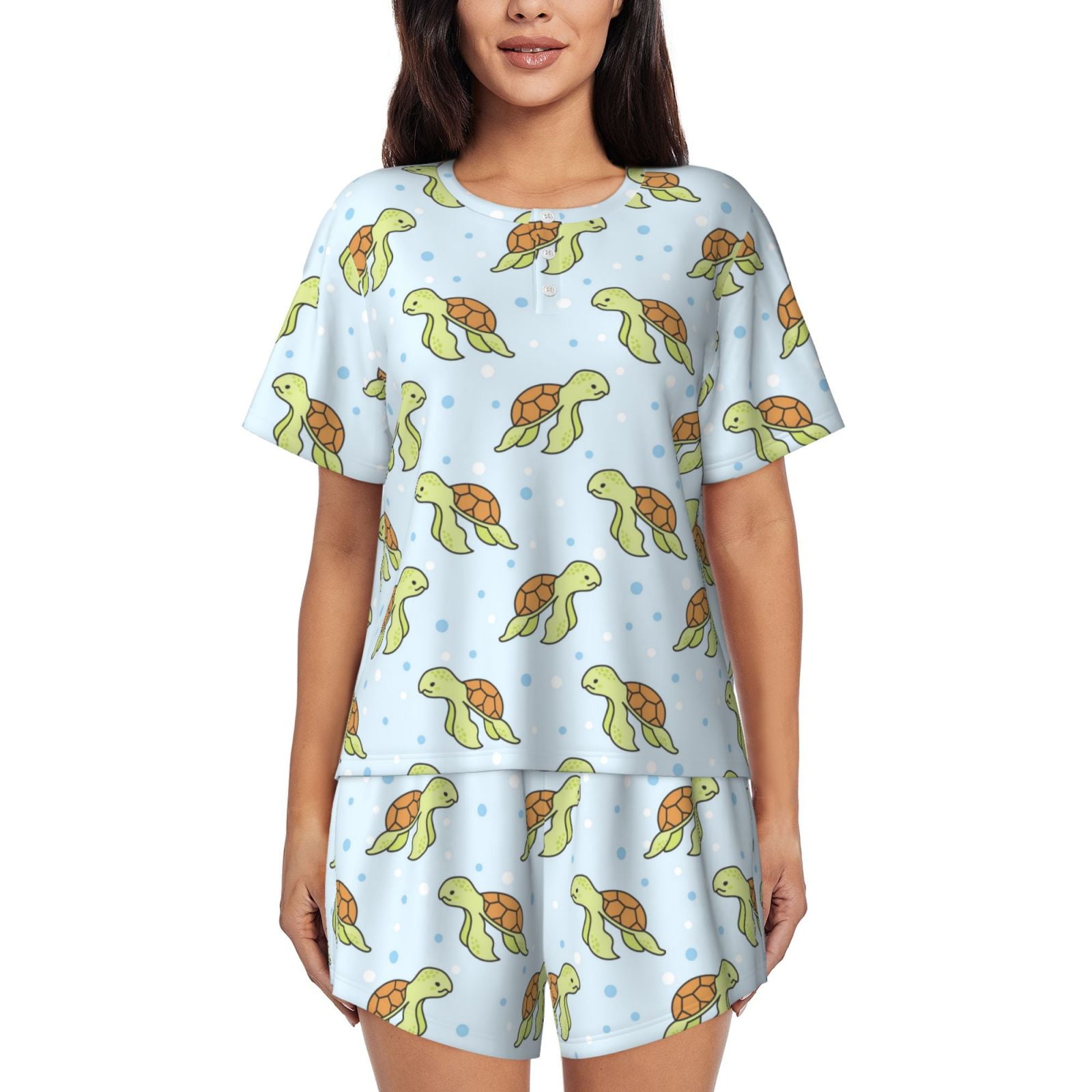 Goofa Cartoon Sea Turtle for Womens Cotton 2 Piece Pajamas Set Classic ...