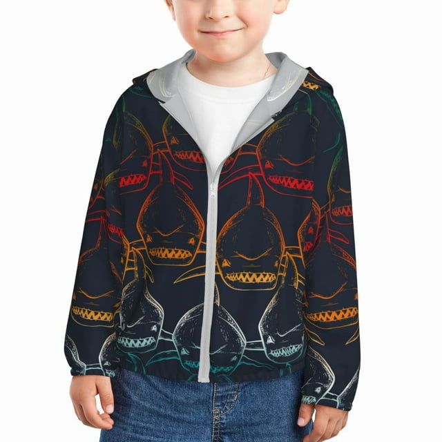 Goofa Cartoon Sharks Printed Kids Zip-Up Hoodie Girls Boys UPF50+ Sun Protection Jacket Hooded ...