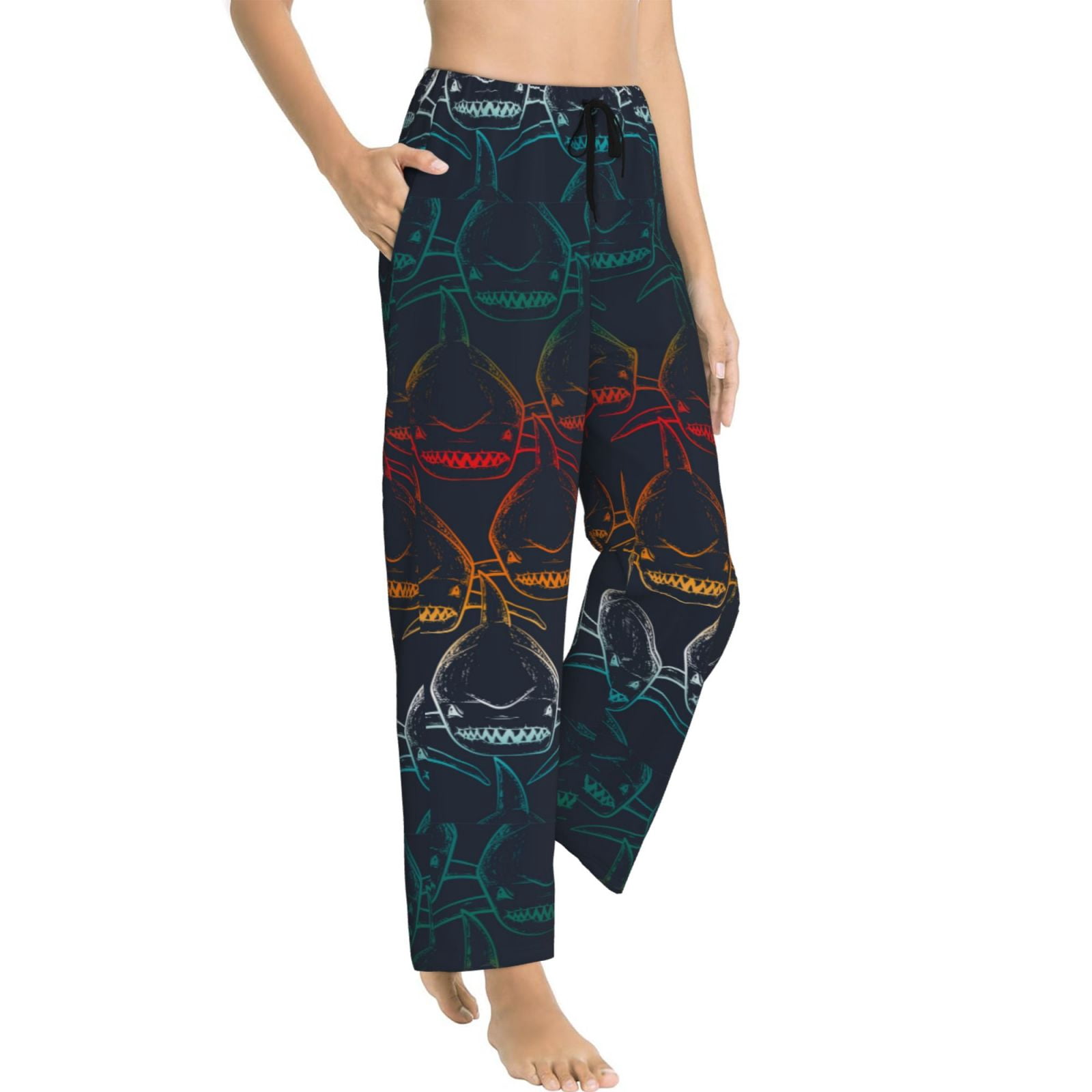 Goofa Cartoon Sharks Printed Soft Pajama Pants for Women, Wide Leg ...