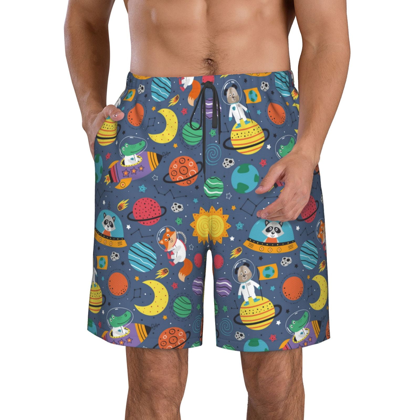 Goofa Cartoon Space Printed Mens Swim Trunks Summer Quick Dry Short ...