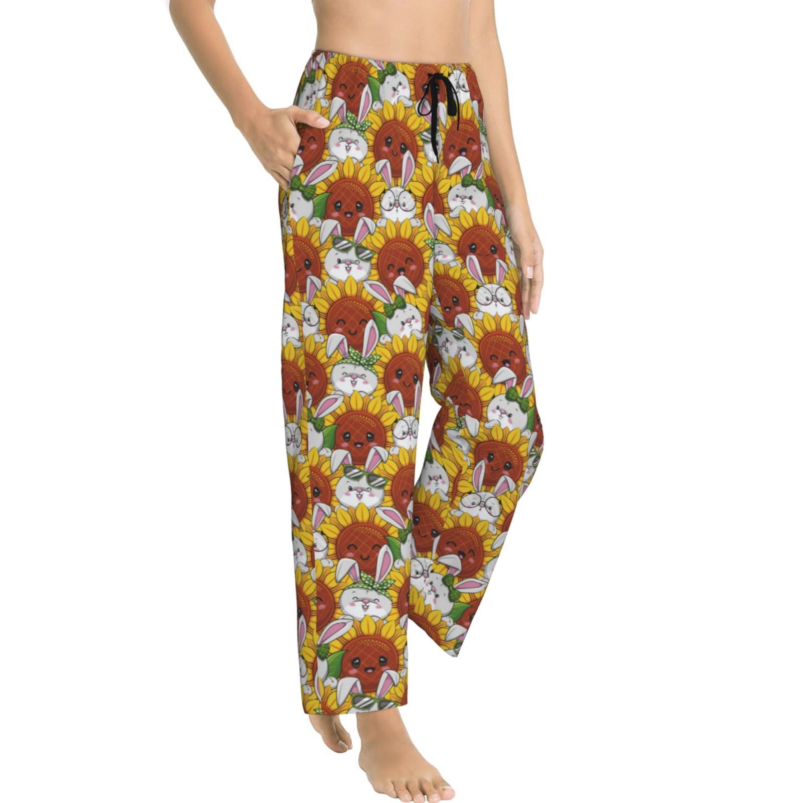 Goofa Cartoon Sunflowers Printed Soft Pajama Pants for Women, Wide Leg ...
