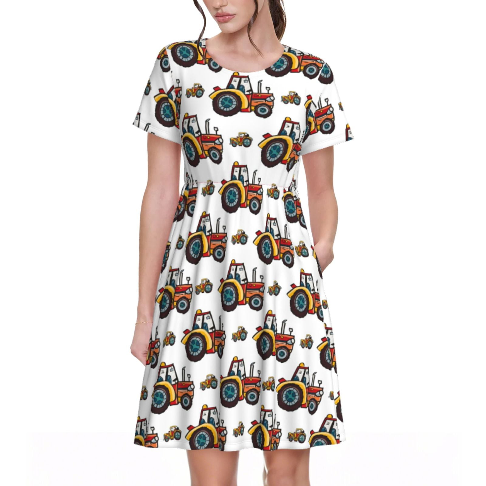 Goofa Cartoon Tractor Pattern Women Summer Short Sleeve Midi Dress with ...