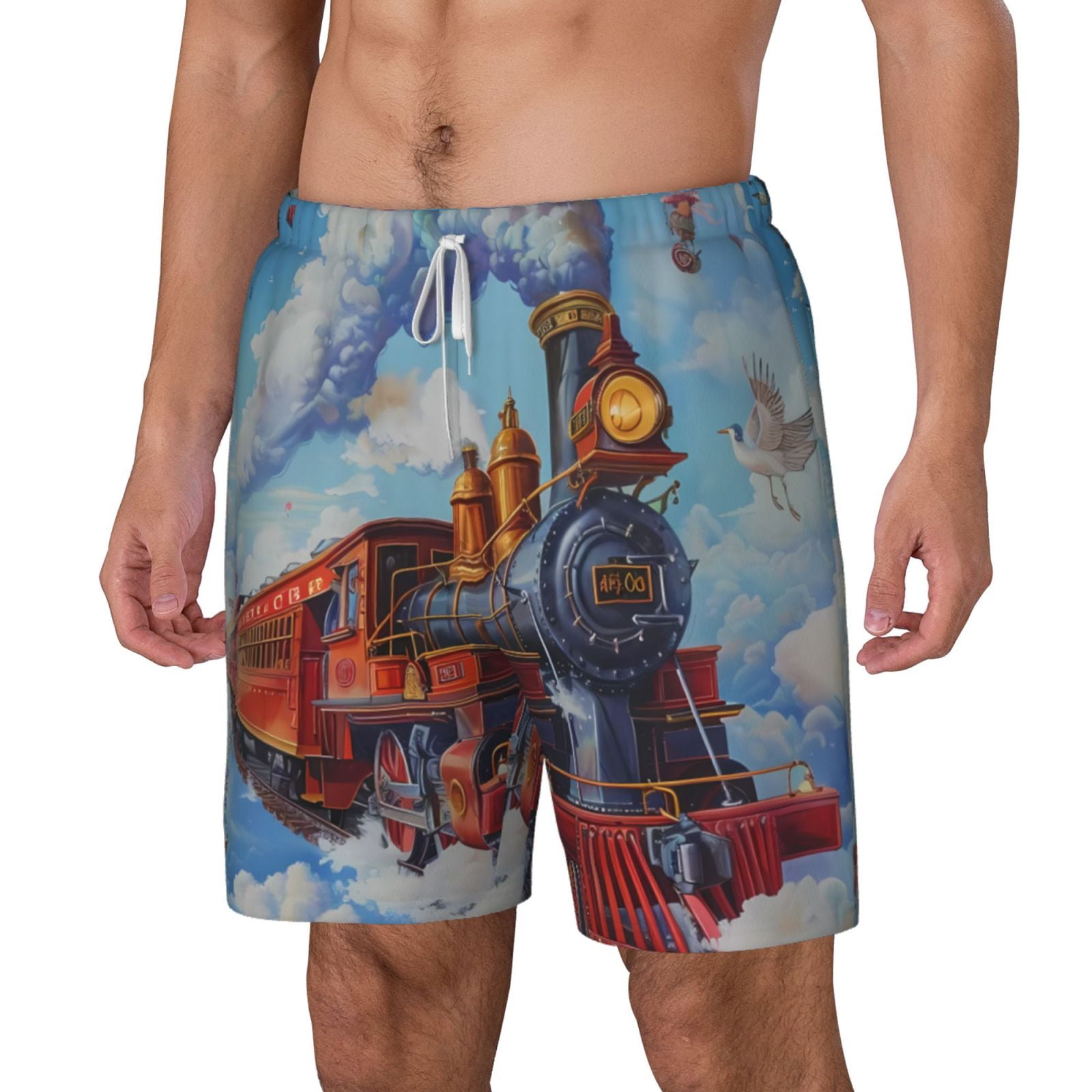 Goofa Cartoon Train Hot Air Balloon Printed Men's Swim Trunks Board ...