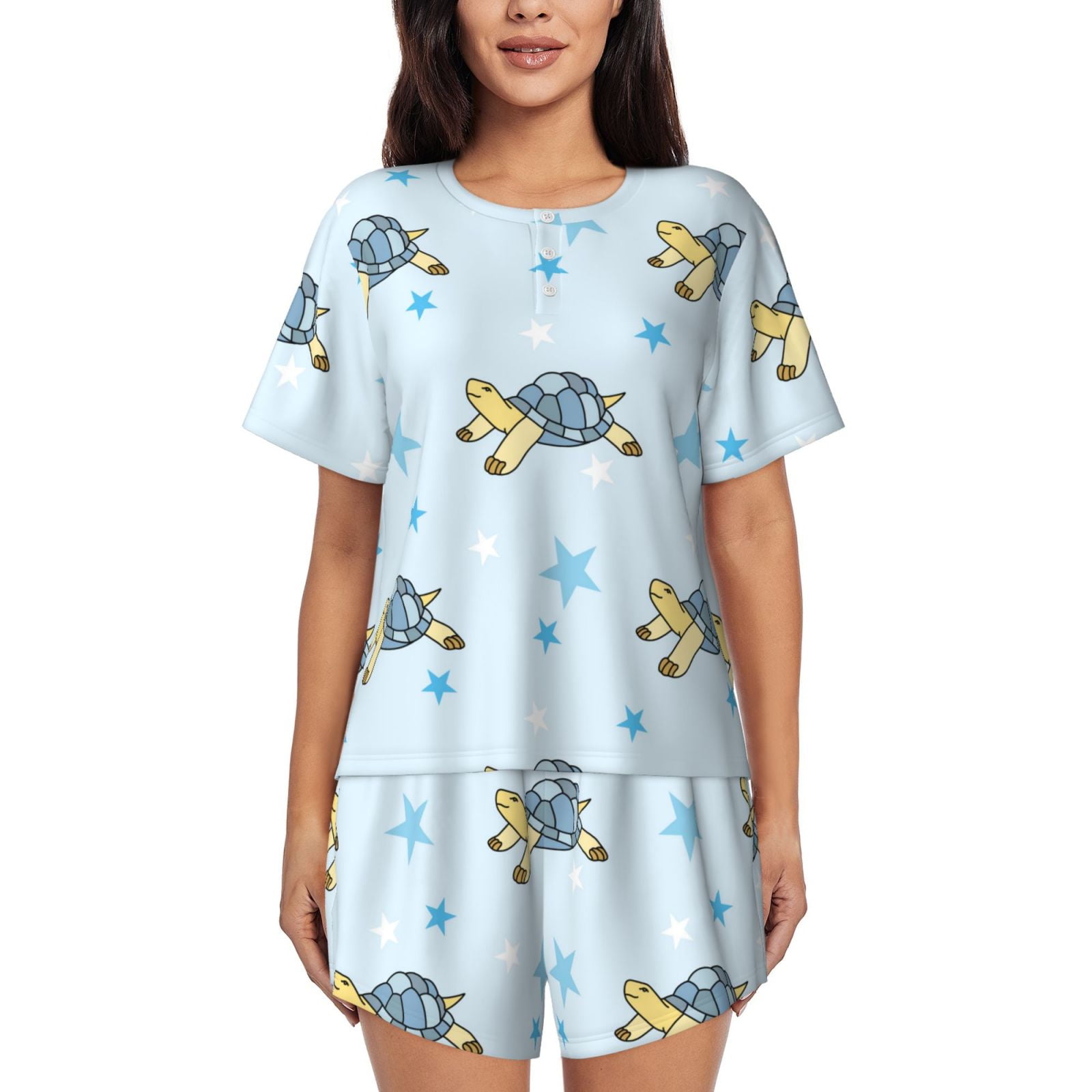 Goofa Cartoon Turtle for Womens Cotton 2 Piece Pajamas Set Classic ...