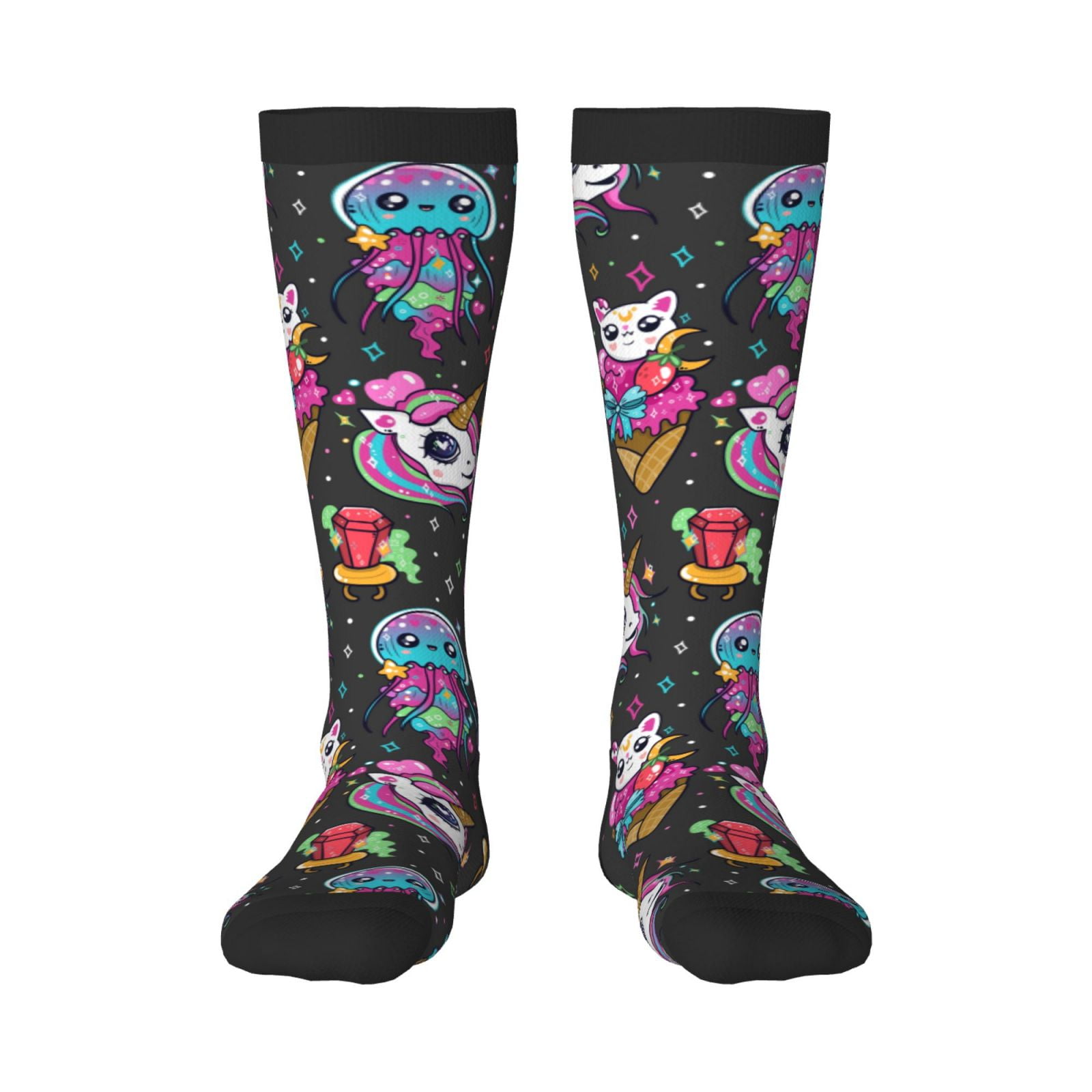 Goofa Cat Icecream Pattern Adult Stockings, Color-Block Knee High Socks ...