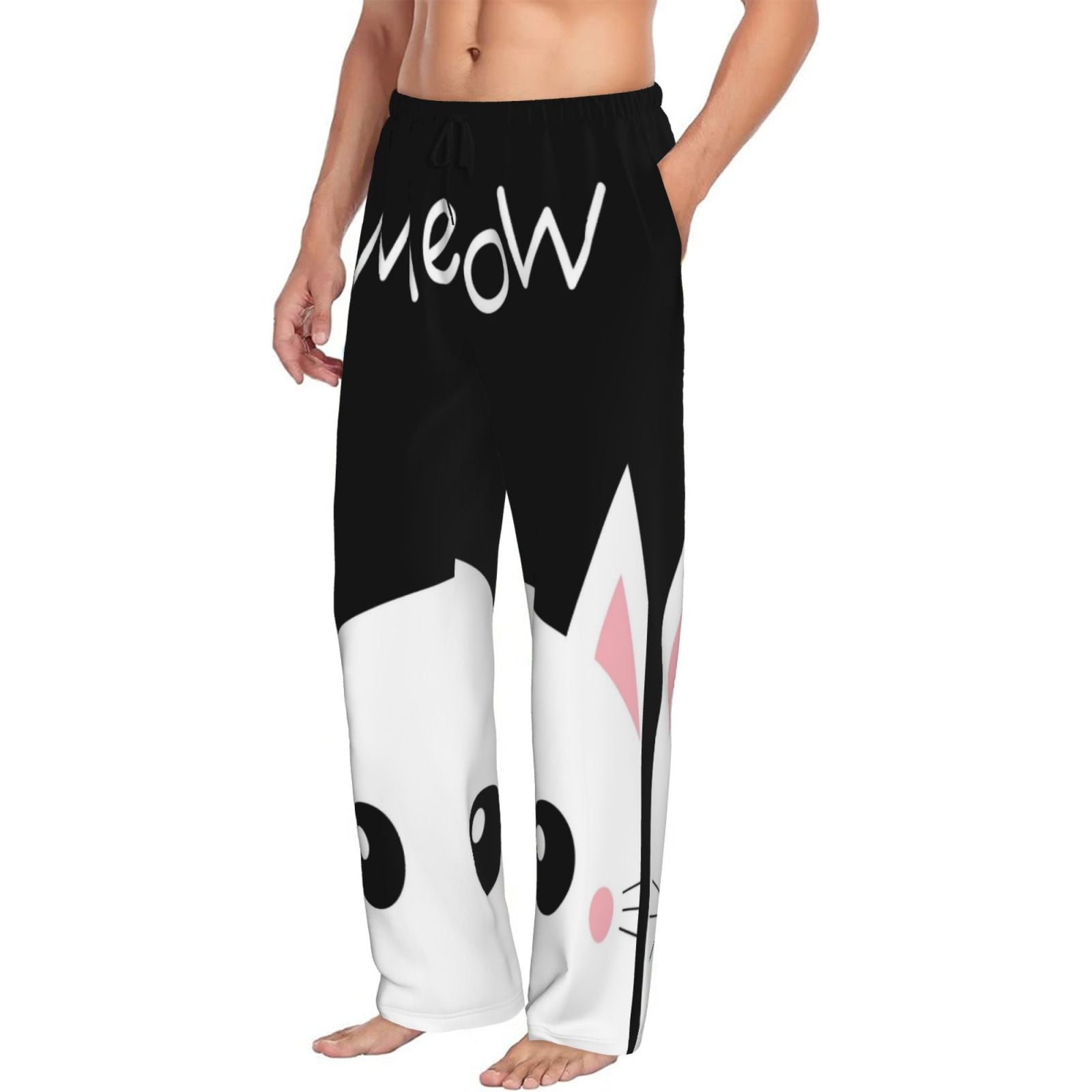 Goofa Cat Meow Printed Soft Pajama Pants for Men, Wide Leg Comfy Casual ...