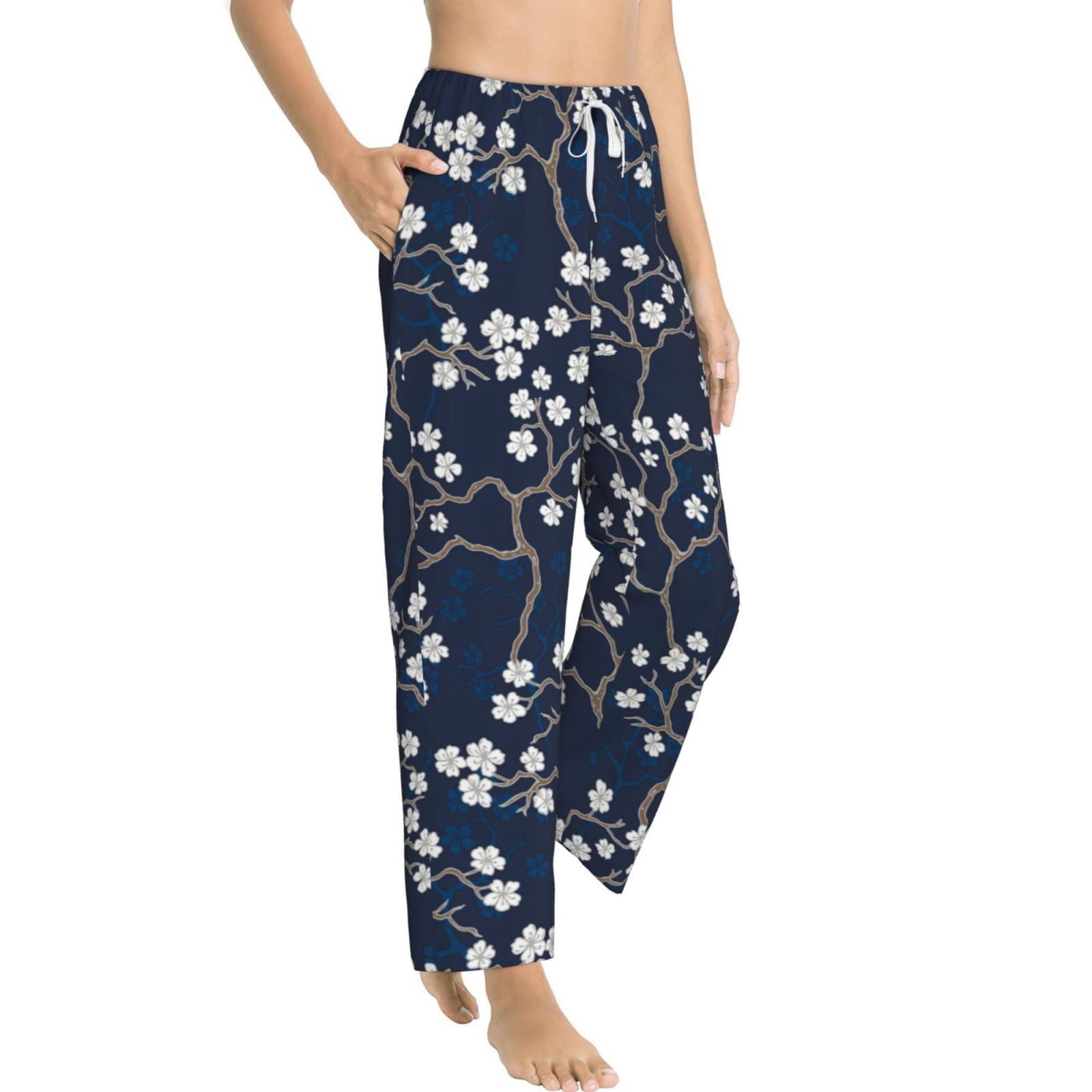 Goofa Cherry Blossoms on Navy Background Printed Soft Pajama Pants for ...