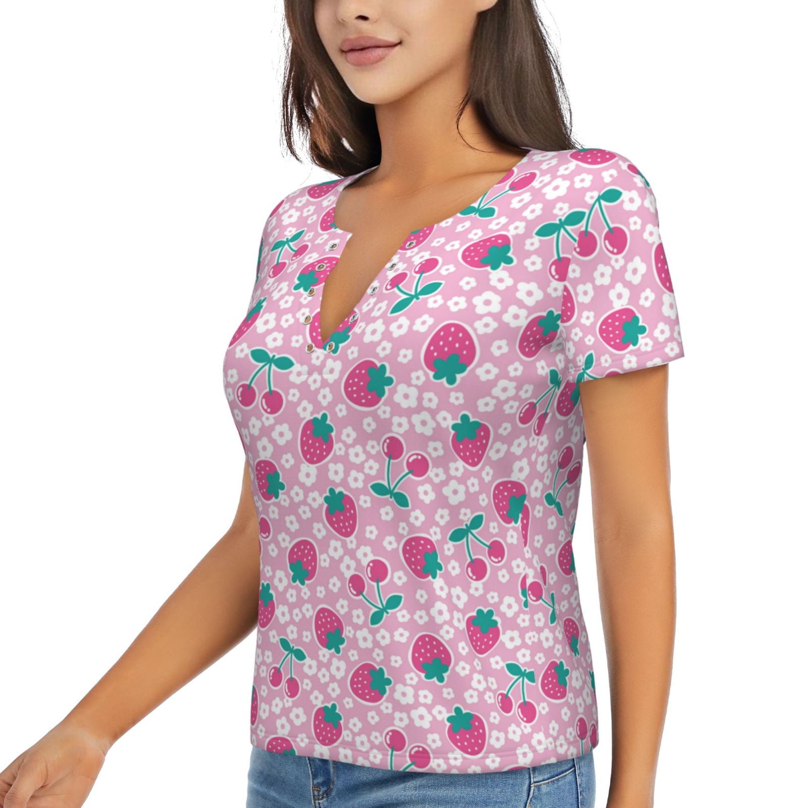 Goofa Cherry Strawberry Pattern Womens Deep V Neck Low Cut Tops Casual ...