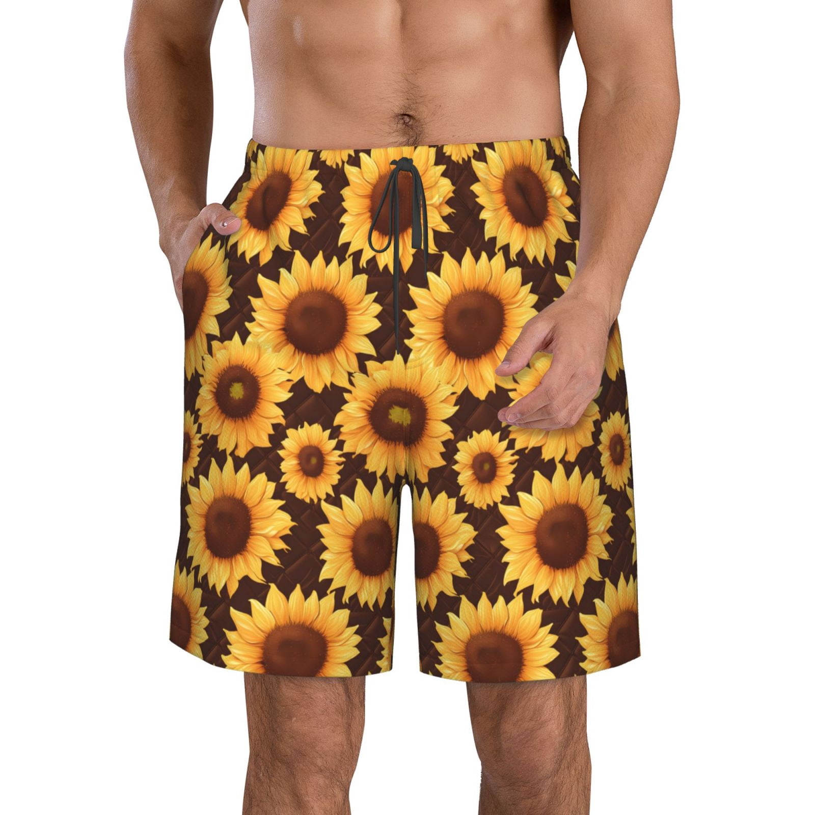 Goofa Chocolate Plaid Sunflower Printed Mens Swim Trunks Summer Quick ...
