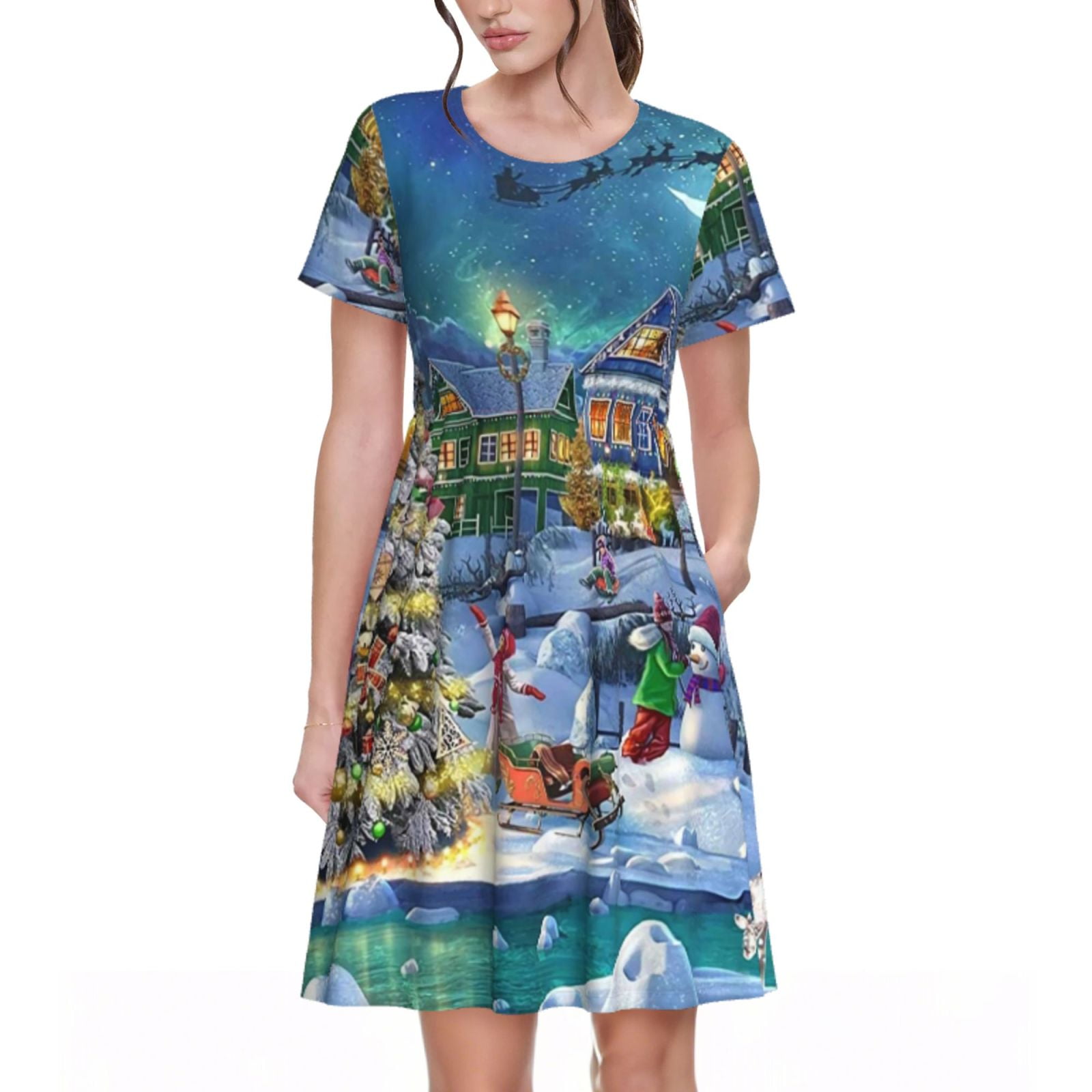 Goofa Christmas Tree Pattern Women Summer Short Sleeve Midi Dress with ...