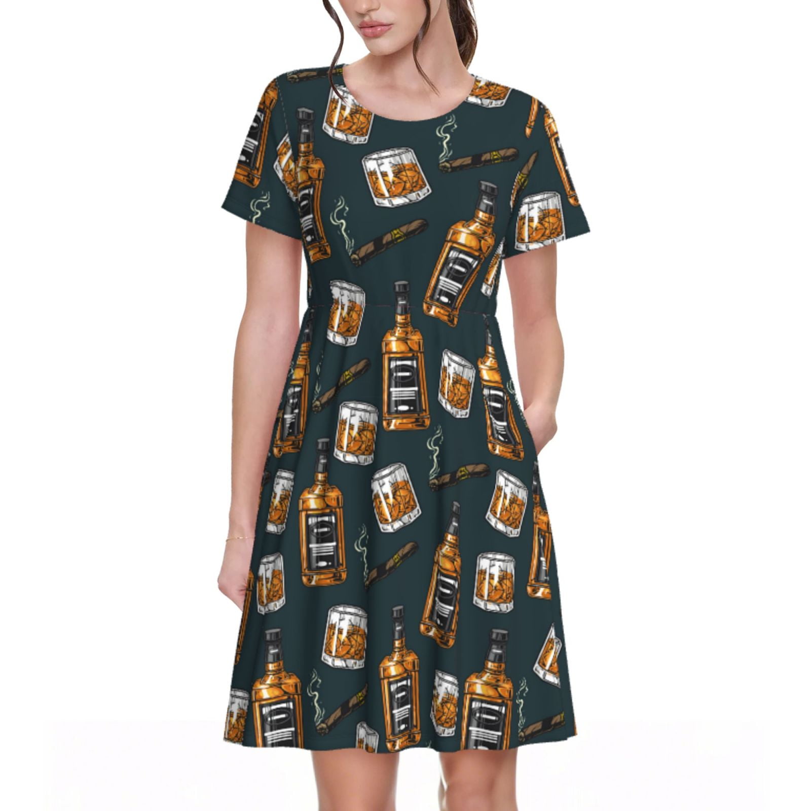 Goofa Cigar Pattern Women Summer Short Sleeve Midi Dress with Pockets ...