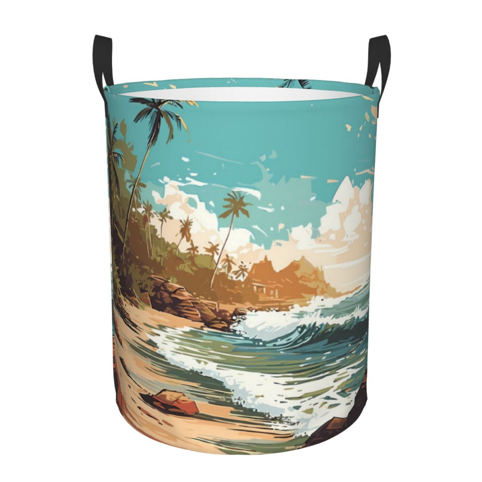 Goofa Coastal Palm Beach Printed Circular Hamper,Laundry Basket with ...