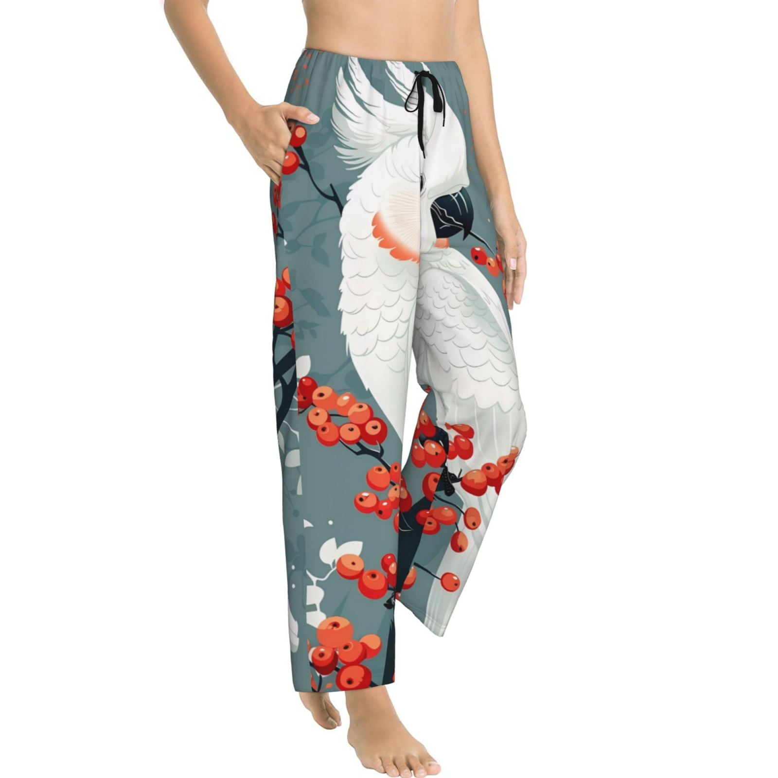 Goofa Cockatoo Red Berries Printed Soft Pajama Pants for Women, Wide ...