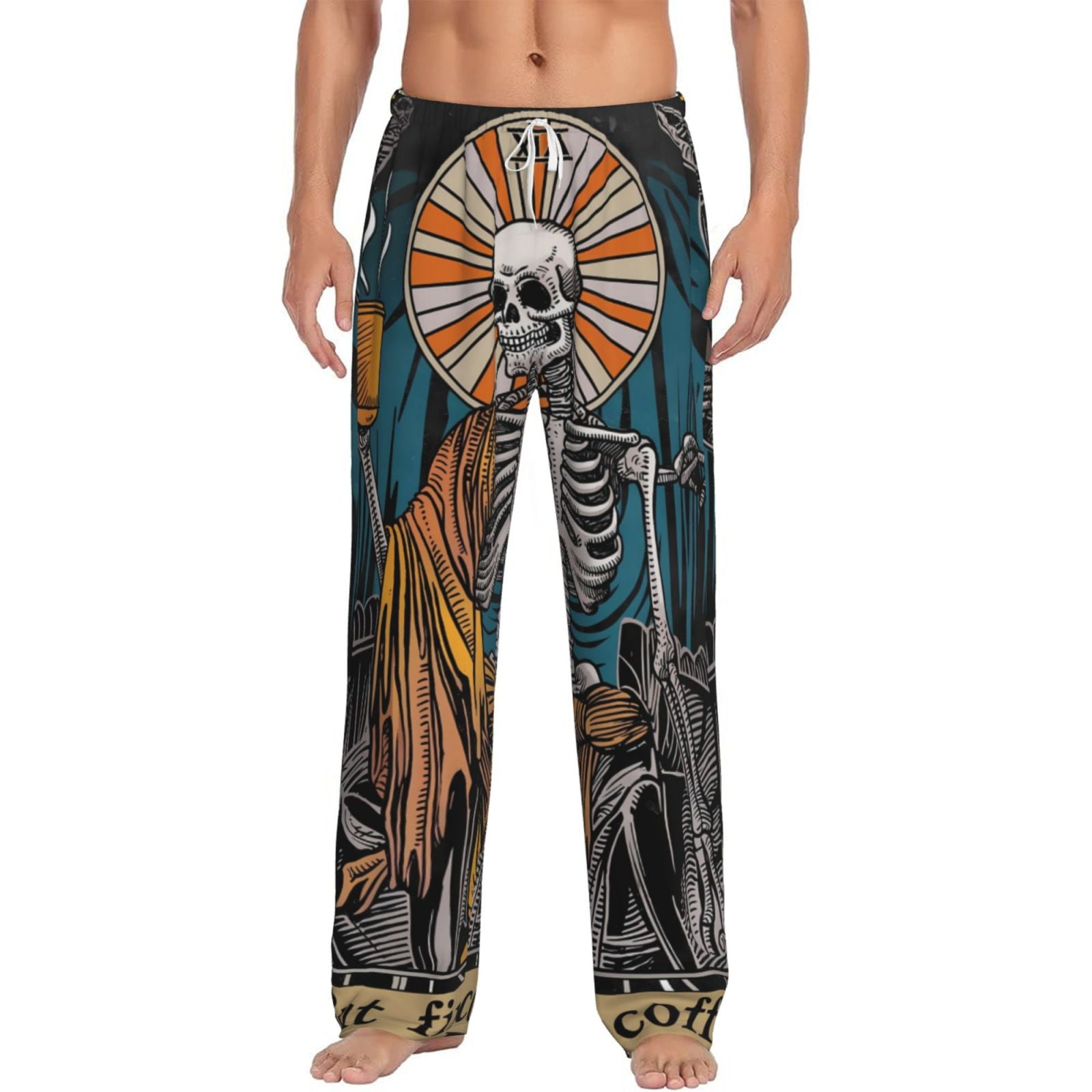 Goofa Coffee-Drinking Skull Pattern Printed Soft Pajama Pants for Men ...