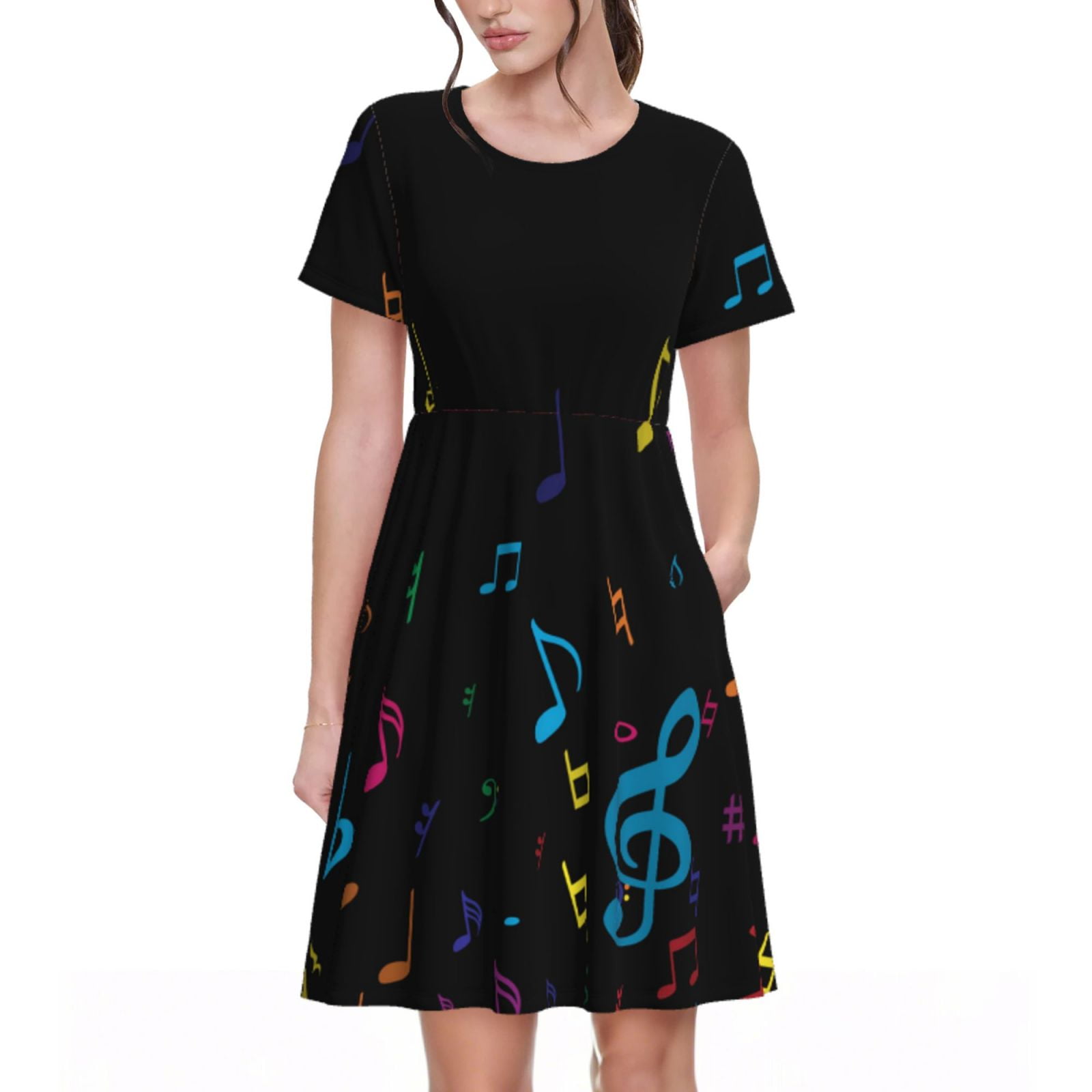 Goofa Color Musical Notes Pattern Women Summer Short Sleeve Midi Dress ...