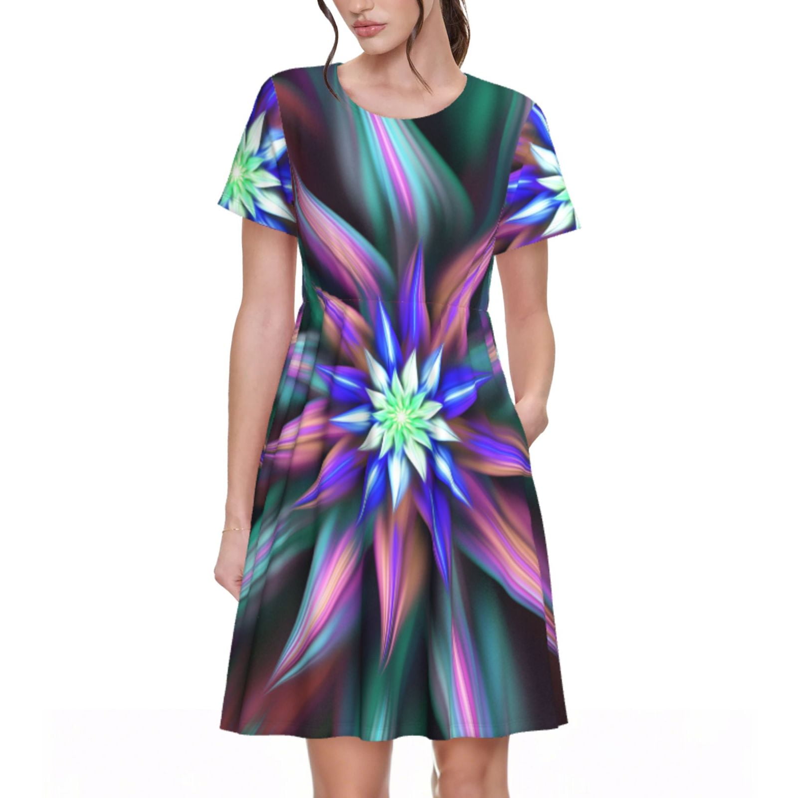 Goofa Colored Abstract Pattern Women Summer Short Sleeve Midi Dress ...