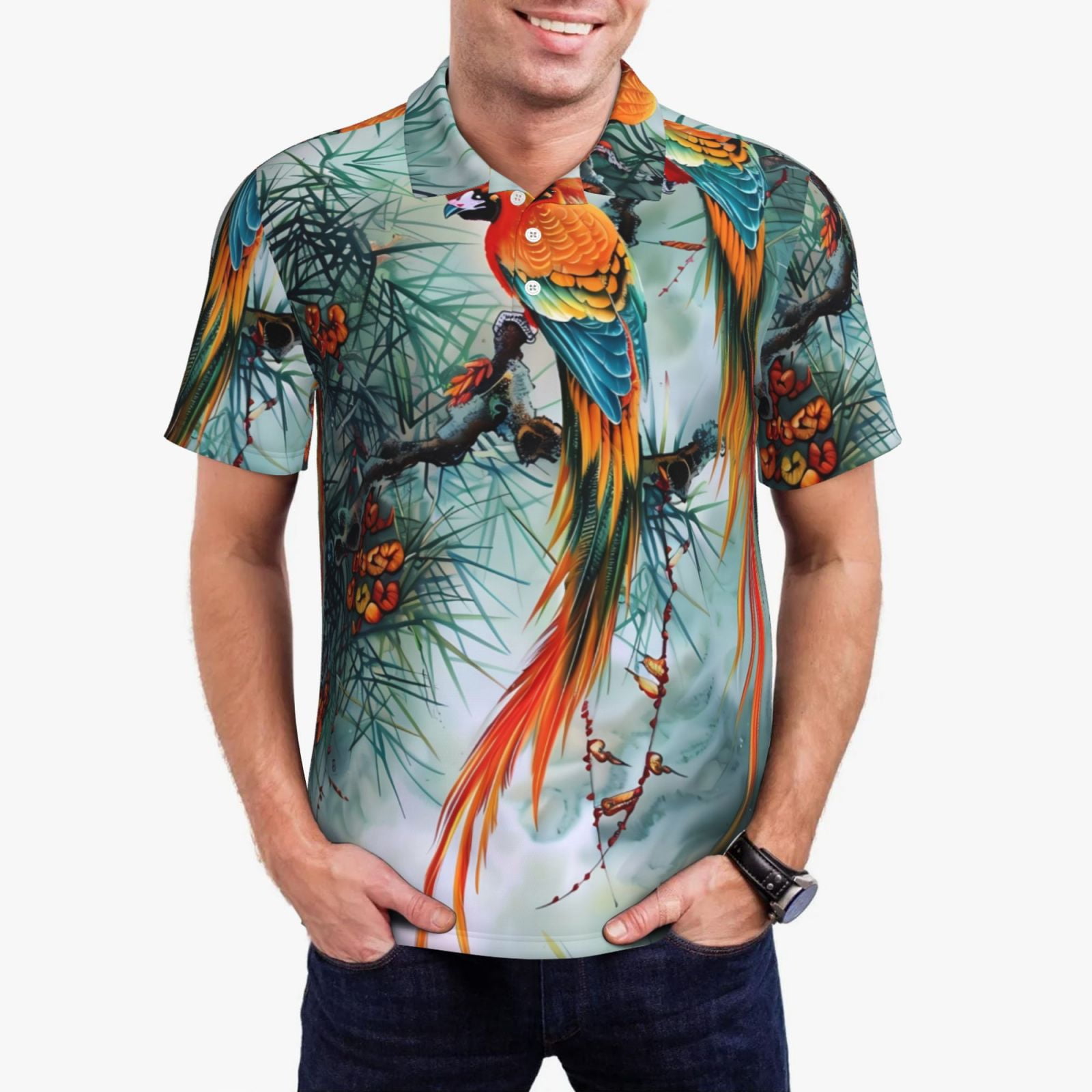 Goofa Colorful Birds Pine Branch Print Mens Polo Shirts Quick Dry Short ...