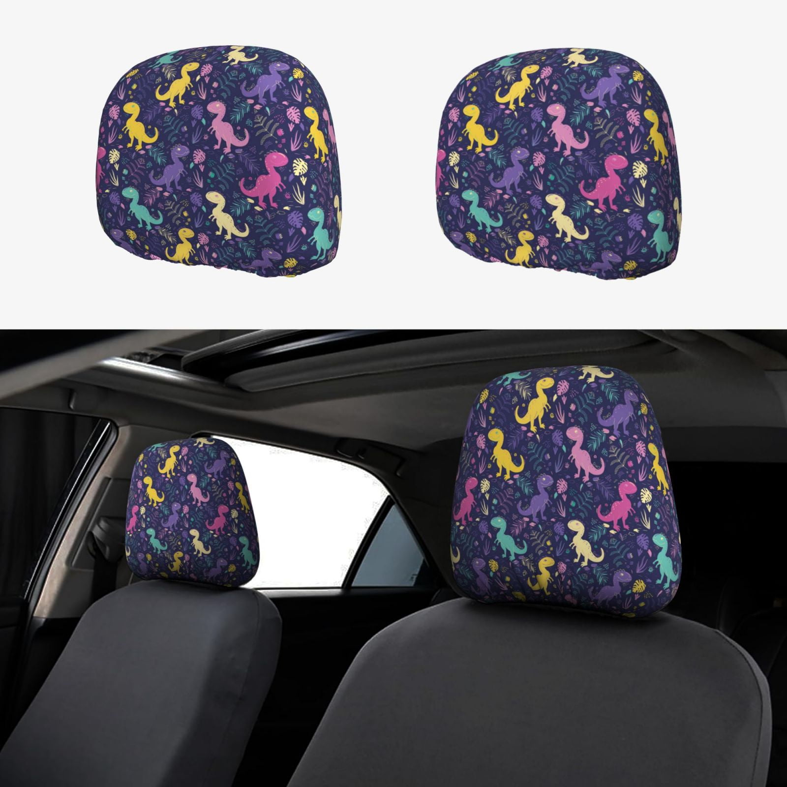 Goofa Colorful Dinosaur Pattern 2 PCS Car Headrest Cover, Headrest ...