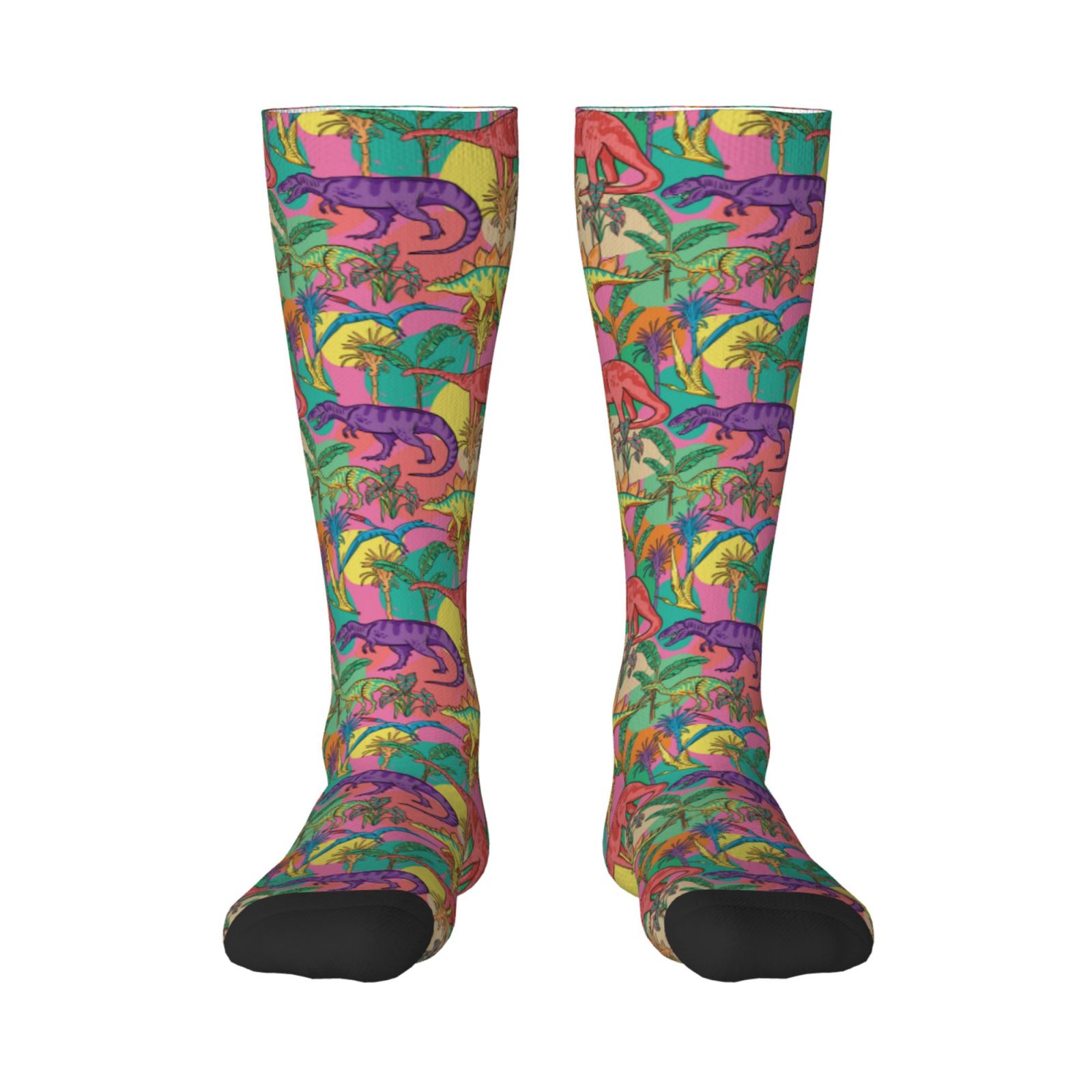 Goofa Colorful Dinosaur Pattern Adult Stockings, Color-Block Knee High ...
