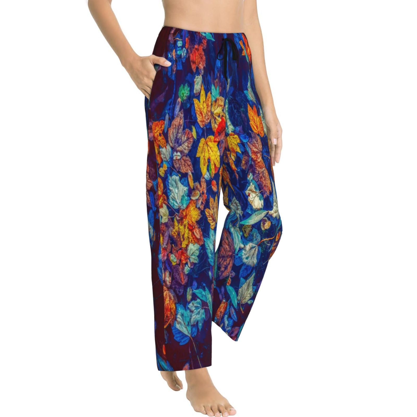 Goofa Colorful Fall Leaves Printed Soft Pajama Pants for Women, Wide ...