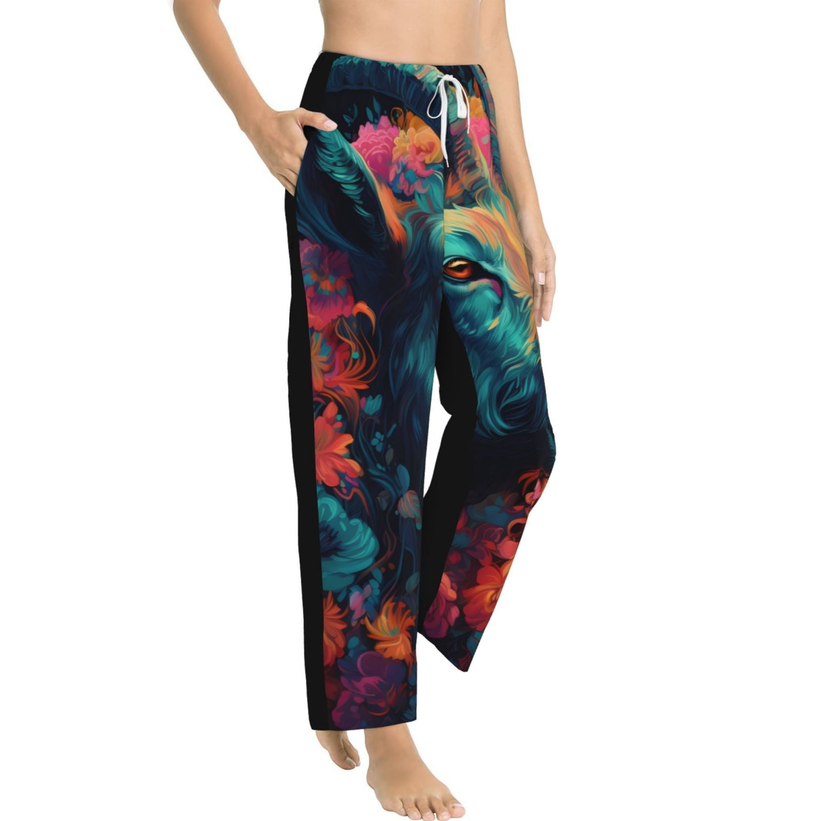 Goofa Colorful Flower Goat Printed Soft Pajama Pants for Women, Wide ...