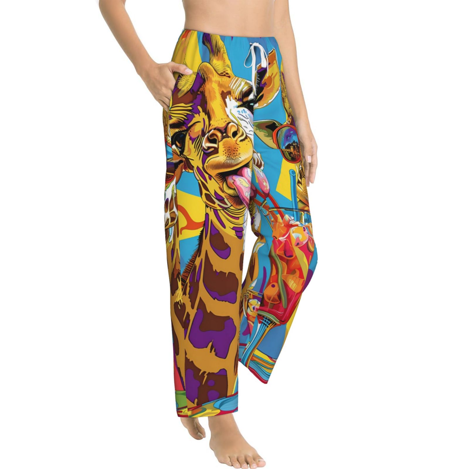 Goofa Colorful Giraffes with Drinks Printed Soft Pajama Pants for Women ...