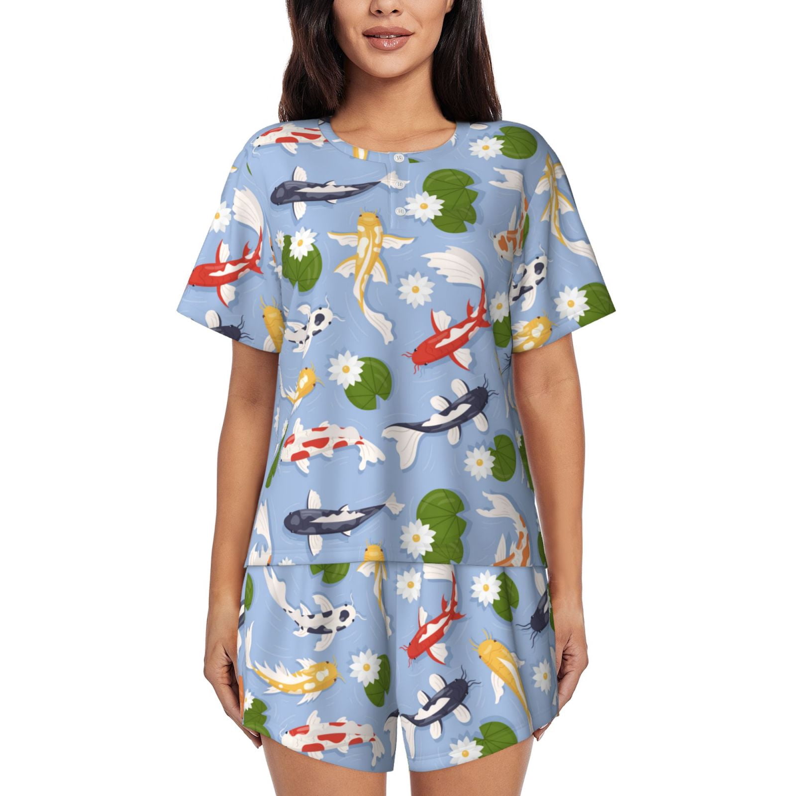 Goofa Colorful Koi Fish for Womens Cotton 2 Piece Pajamas Set Classic ...