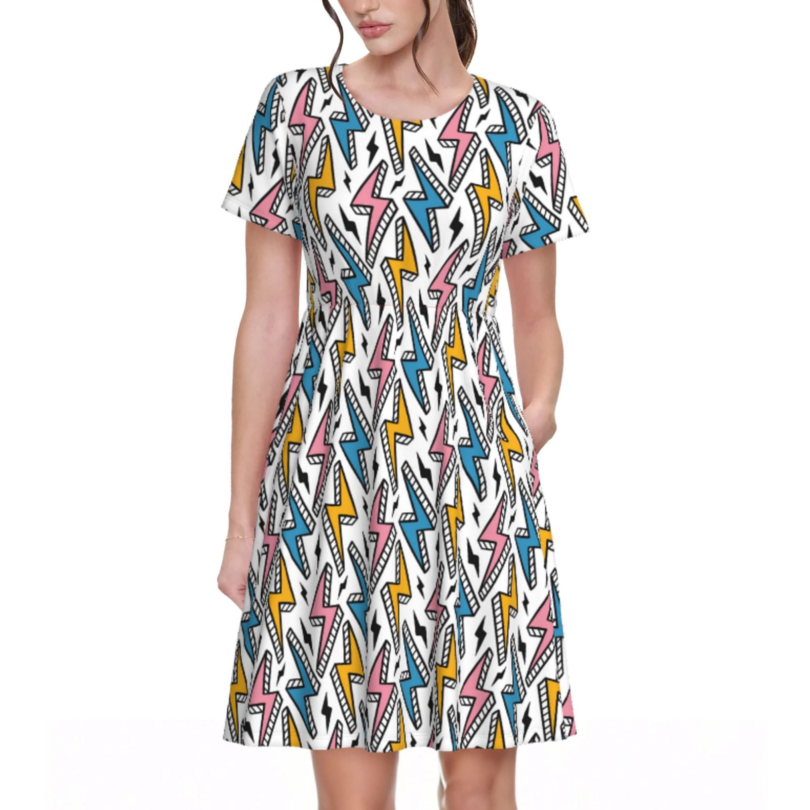 Goofa Colorful Lightning Bolts Pattern Women Summer Short Sleeve Midi ...