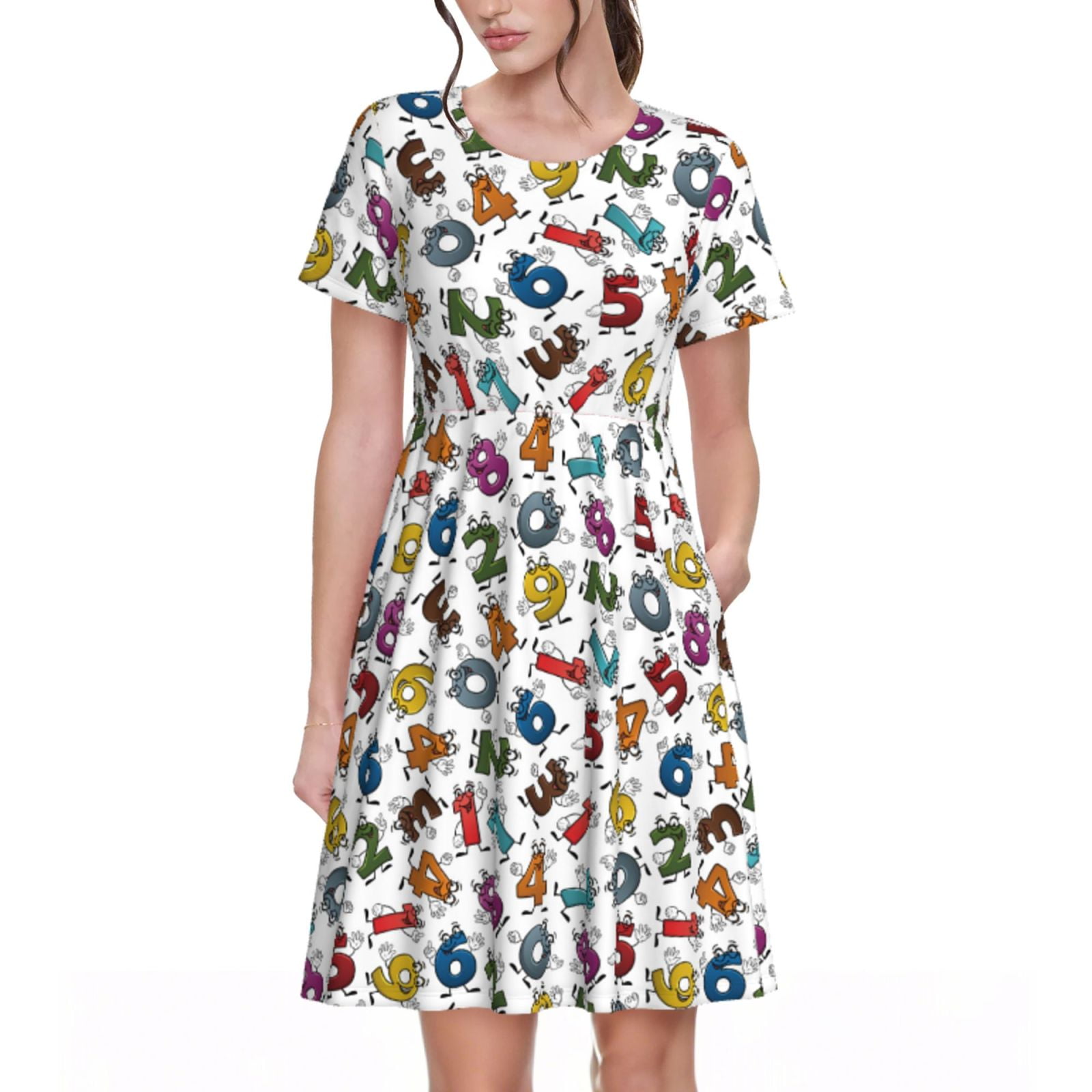 Goofa Colorful Numbers Pattern Women Summer Short Sleeve Midi Dress ...