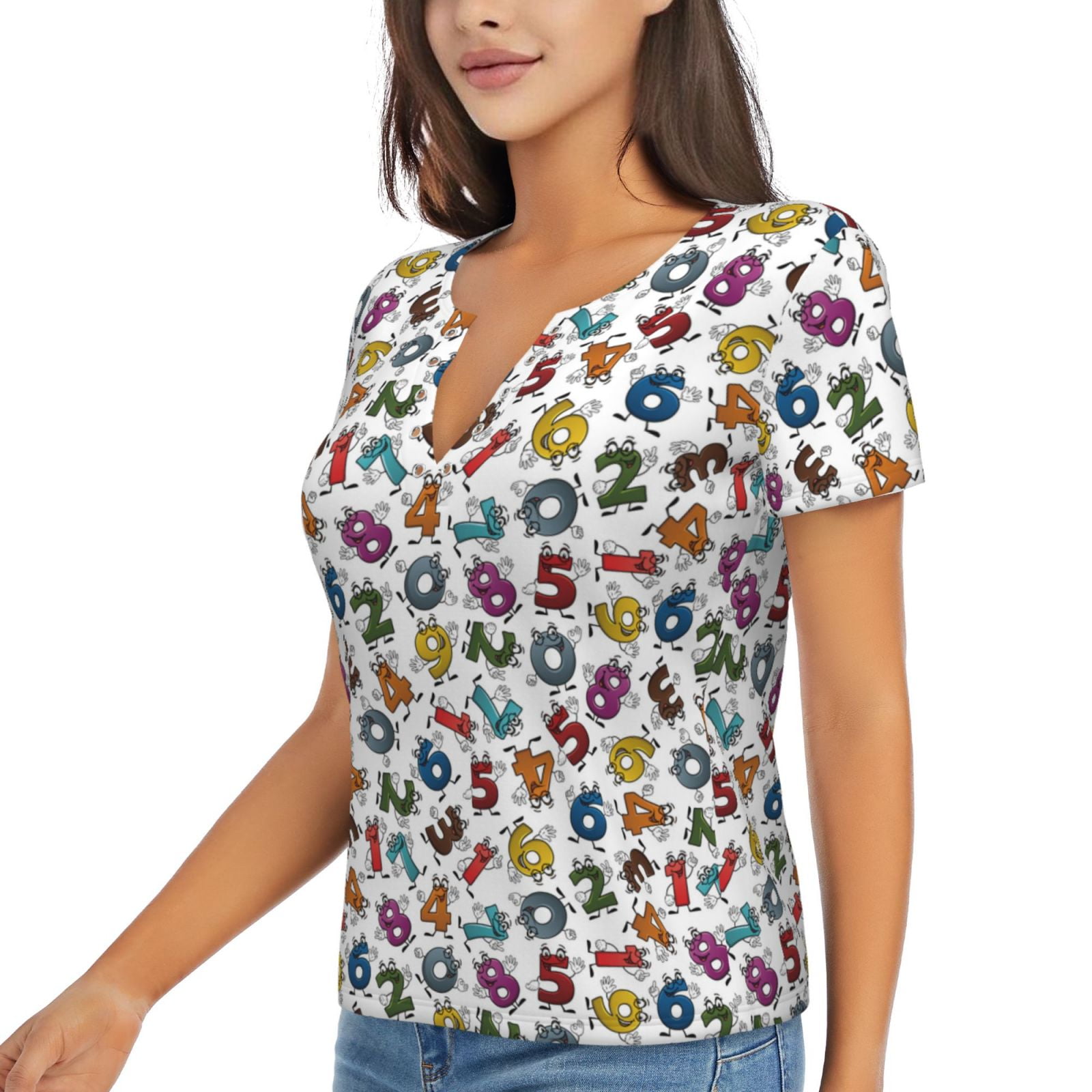 Goofa Colorful Numbers Pattern Womens Deep V Neck Low Cut Tops Casual ...