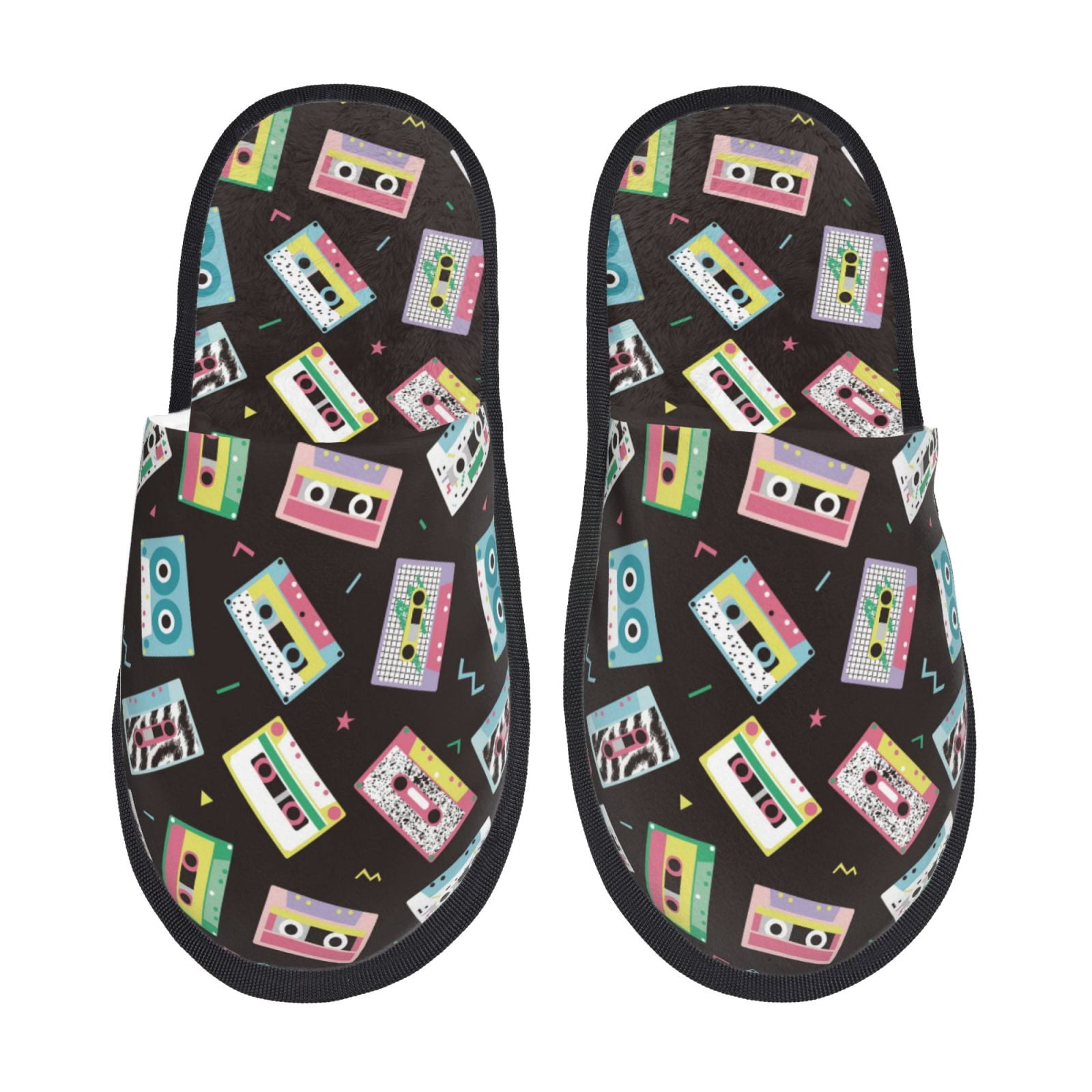 Goofa Colorful Retro Tape Pattern Plush Furry Slippers for Men & Women ...