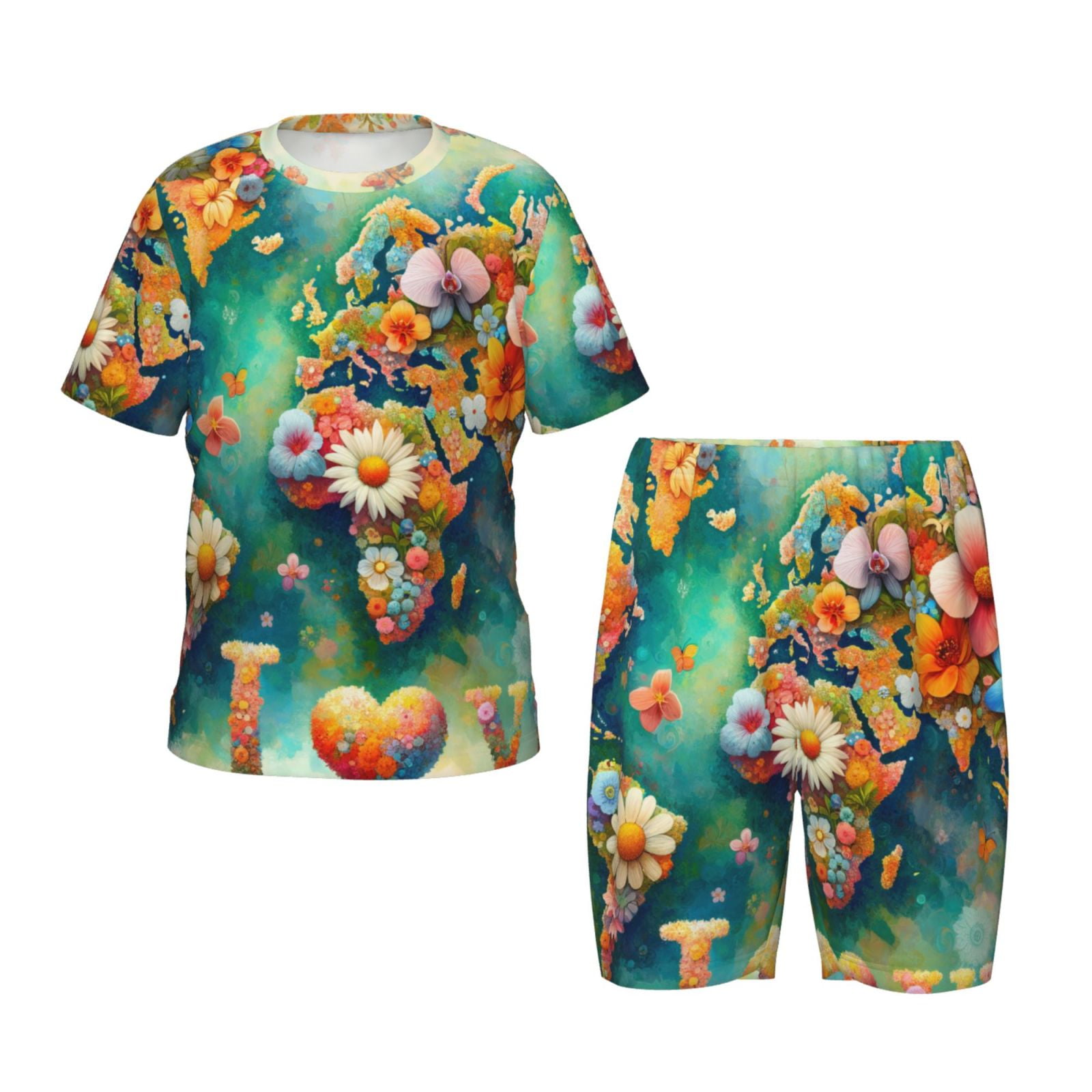 Goofa Colorful World Map Pattern Short-Sleeved Pajama Set for Kids ...