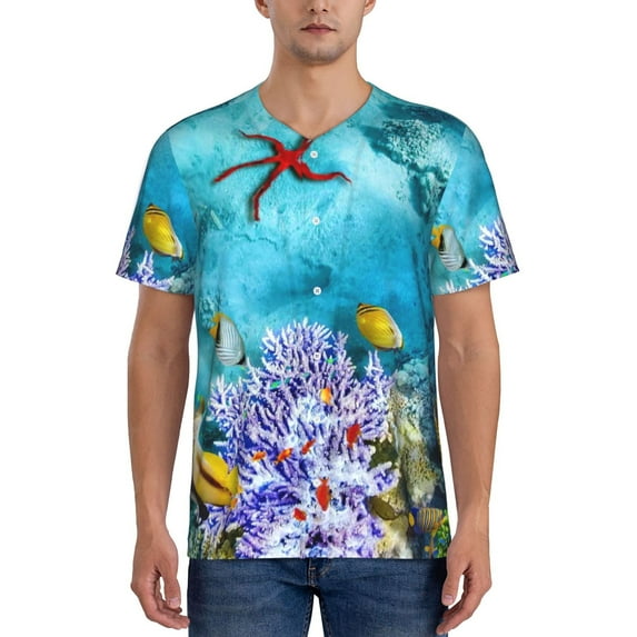 Goofa Corals and Tropical Fish Pattern Mens Golf Shirt Baseball T-shirt ...
