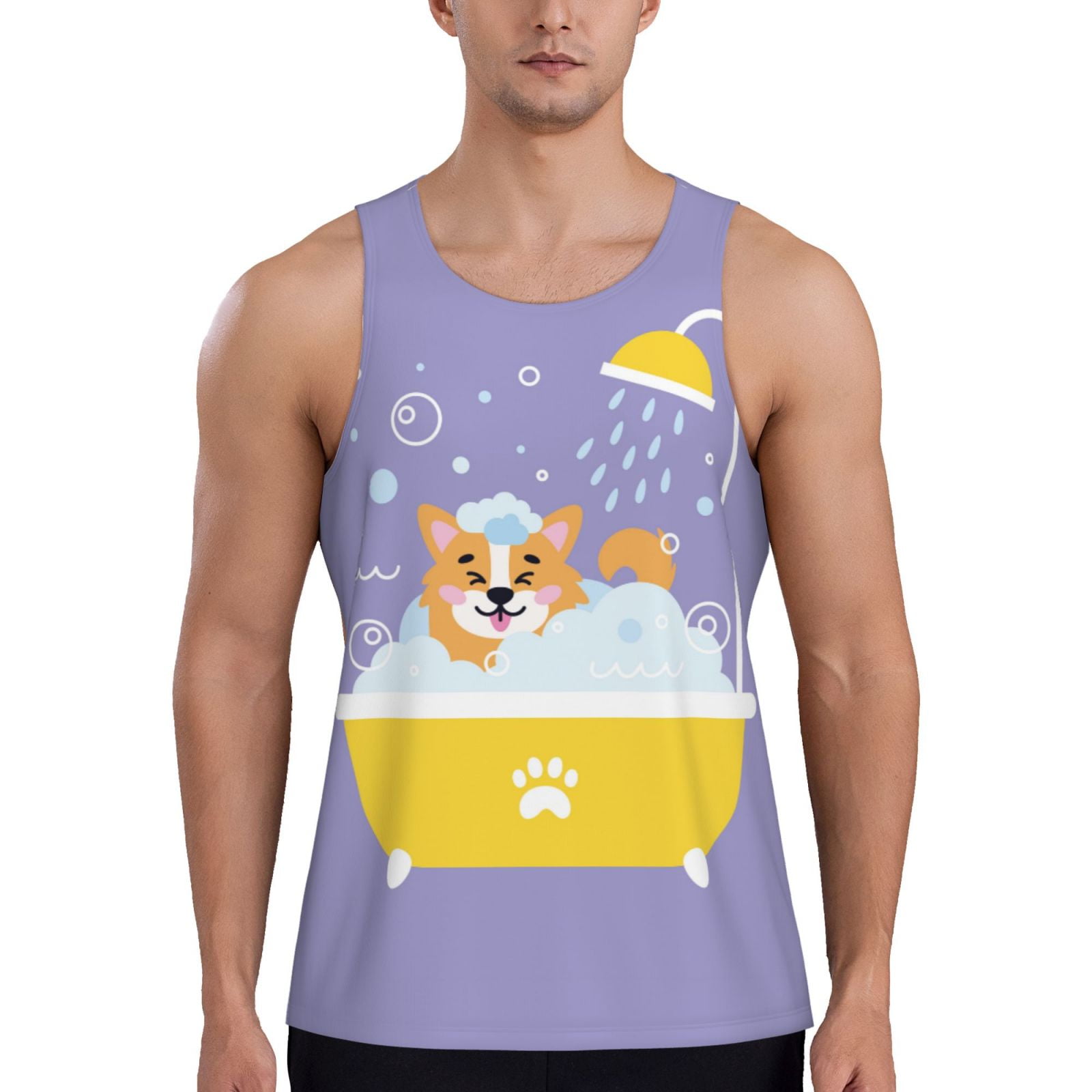 Goofa Corgi Washing in Bathtub Pattern Men's Workout Tank Top Slim-Fit ...