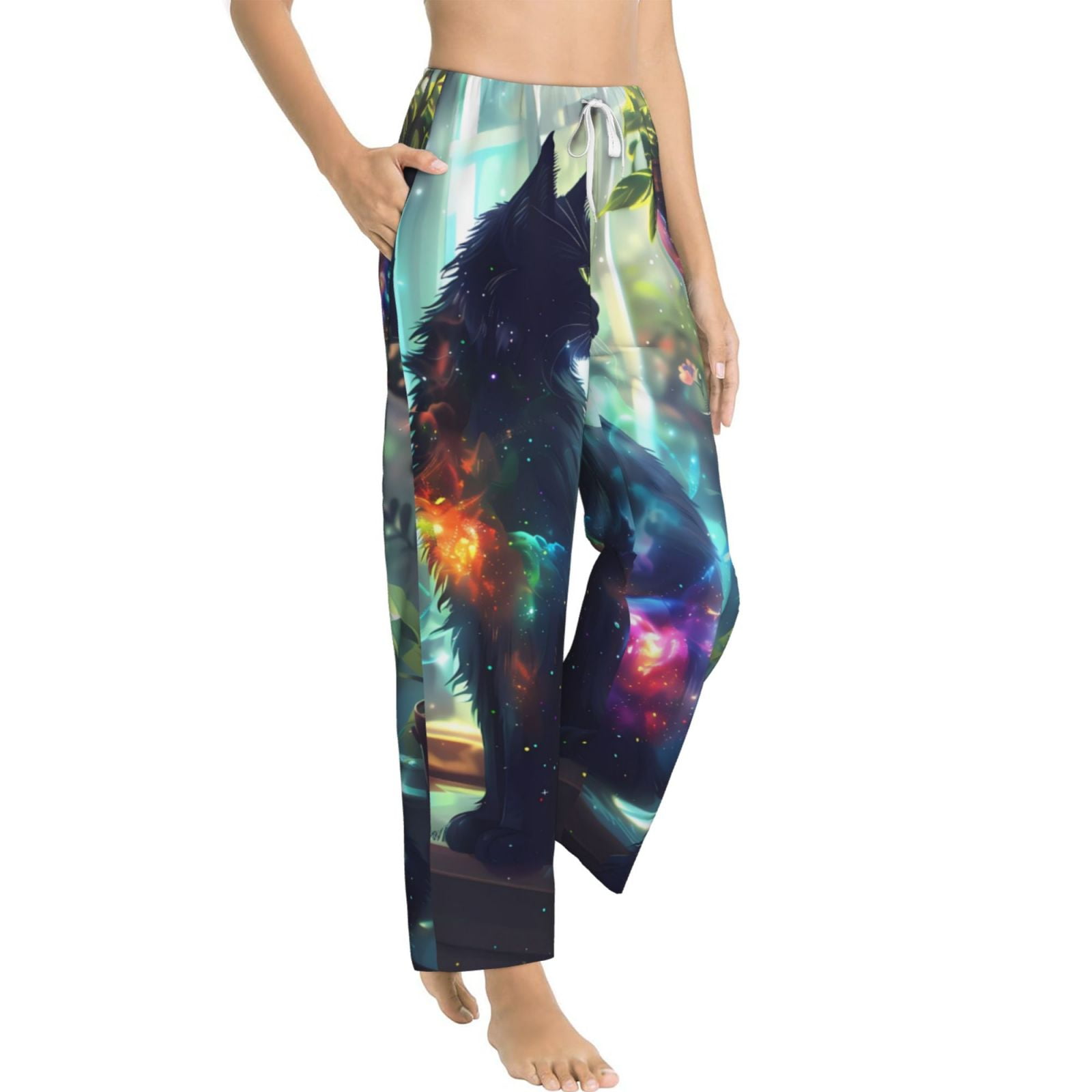 Goofa Cosmic Cat In Window Printed Soft Pajama Pants for Women, Wide ...
