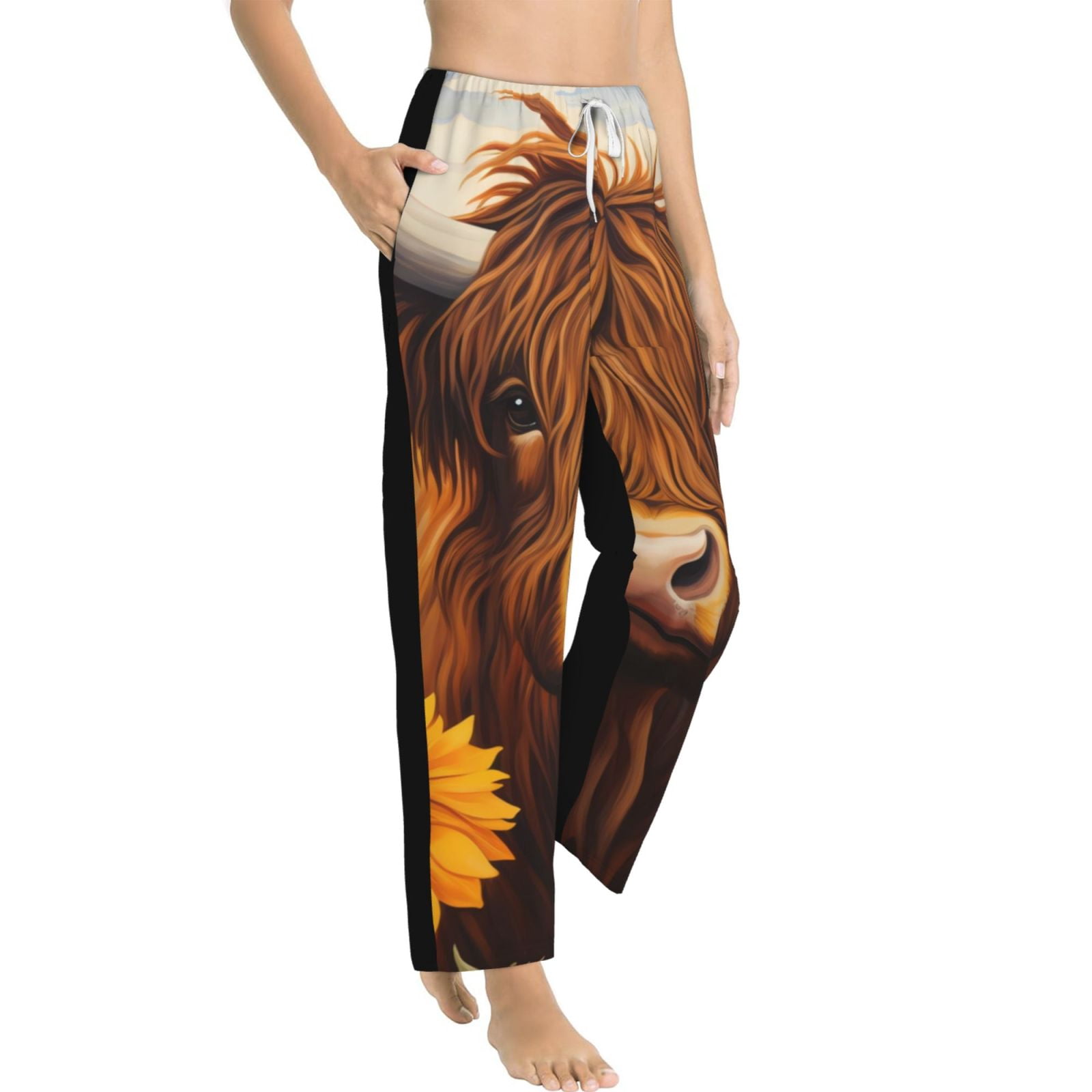 Goofa Countryside Sunflower Cow Printed Soft Pajama Pants for Women ...
