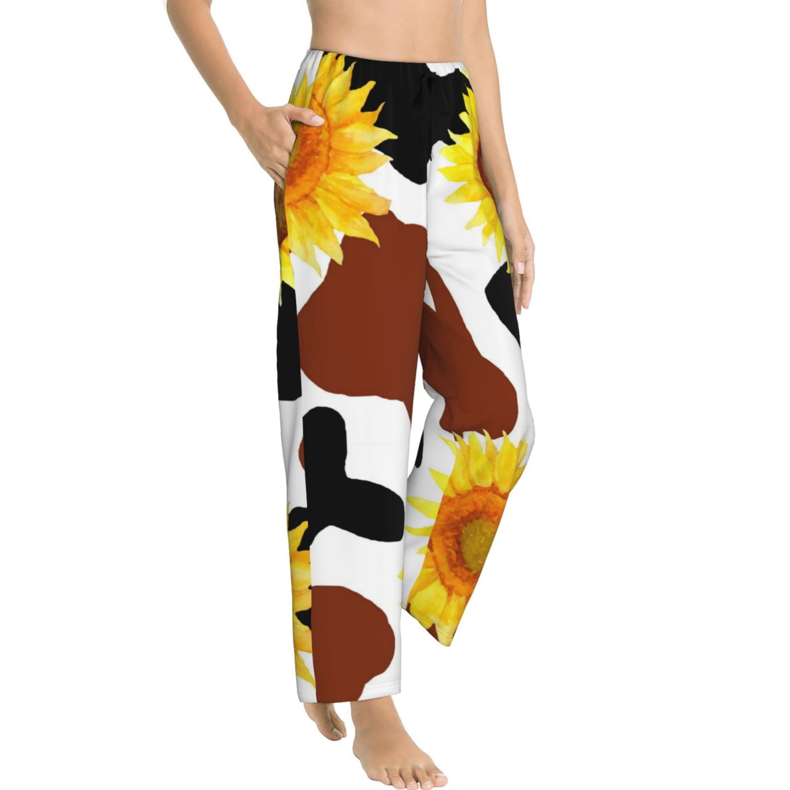 Goofa Cow Print Sunflower Printed Soft Pajama Pants for Women, Wide Leg ...