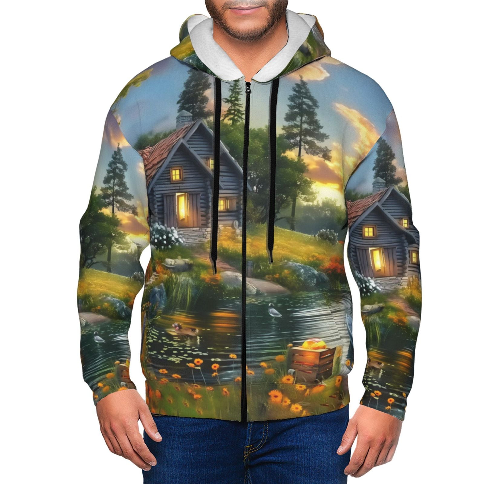 Goofa Cozy Cottage Lakeside Sunset Pattern Mens Full-zip Hoodie, Zip-up ...