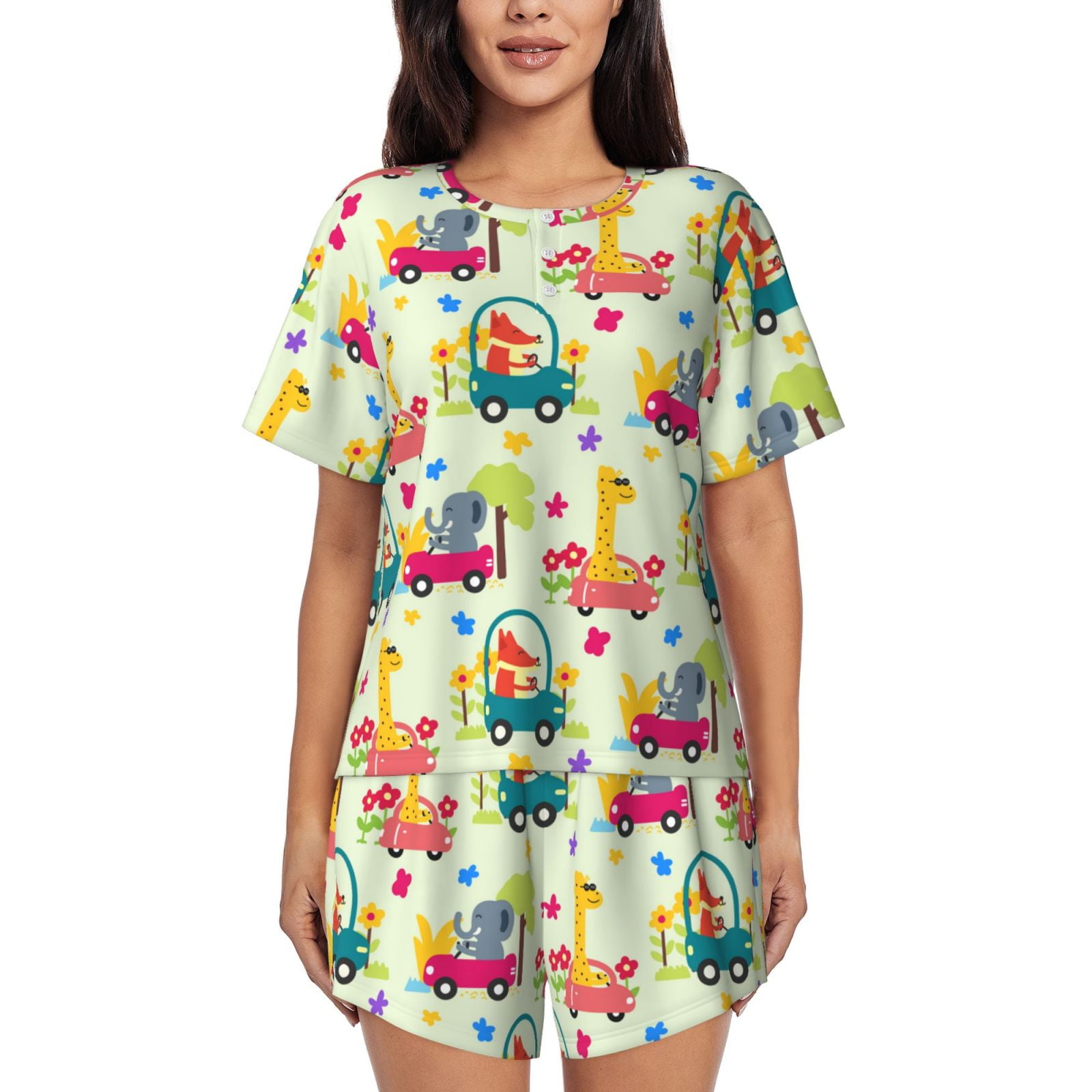 Goofa Cute Animals driving a car for Womens Cotton 2 Piece Pajamas Set ...