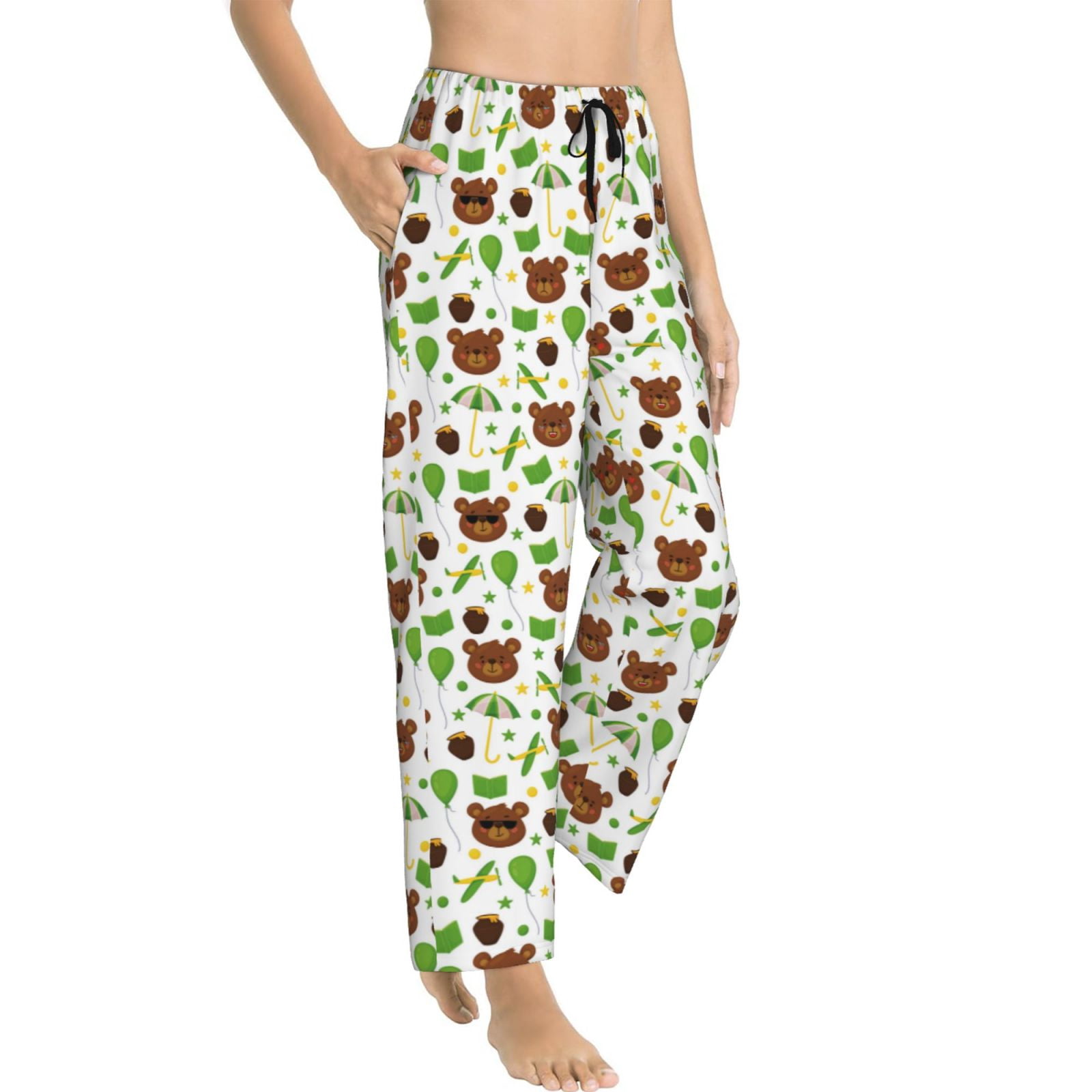 Goofa Cute Bear Printed Soft Pajama Pants for Women, Wide Leg Comfy ...