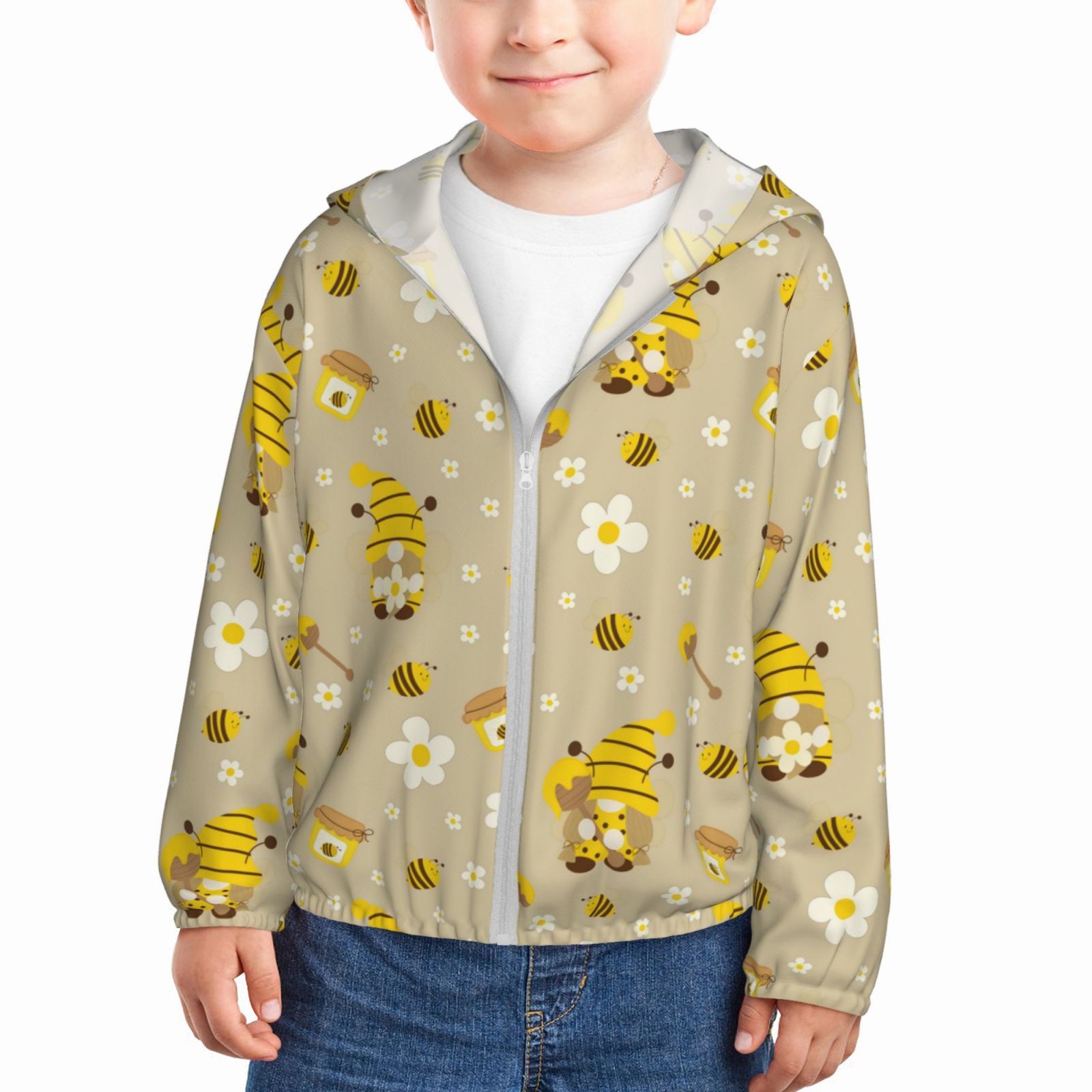 Goofa Cute Bee Gnome 2 Printed Kids Zip-Up Hoodie Girls Boys UPF50+ Sun Protection Jacket Hooded ...
