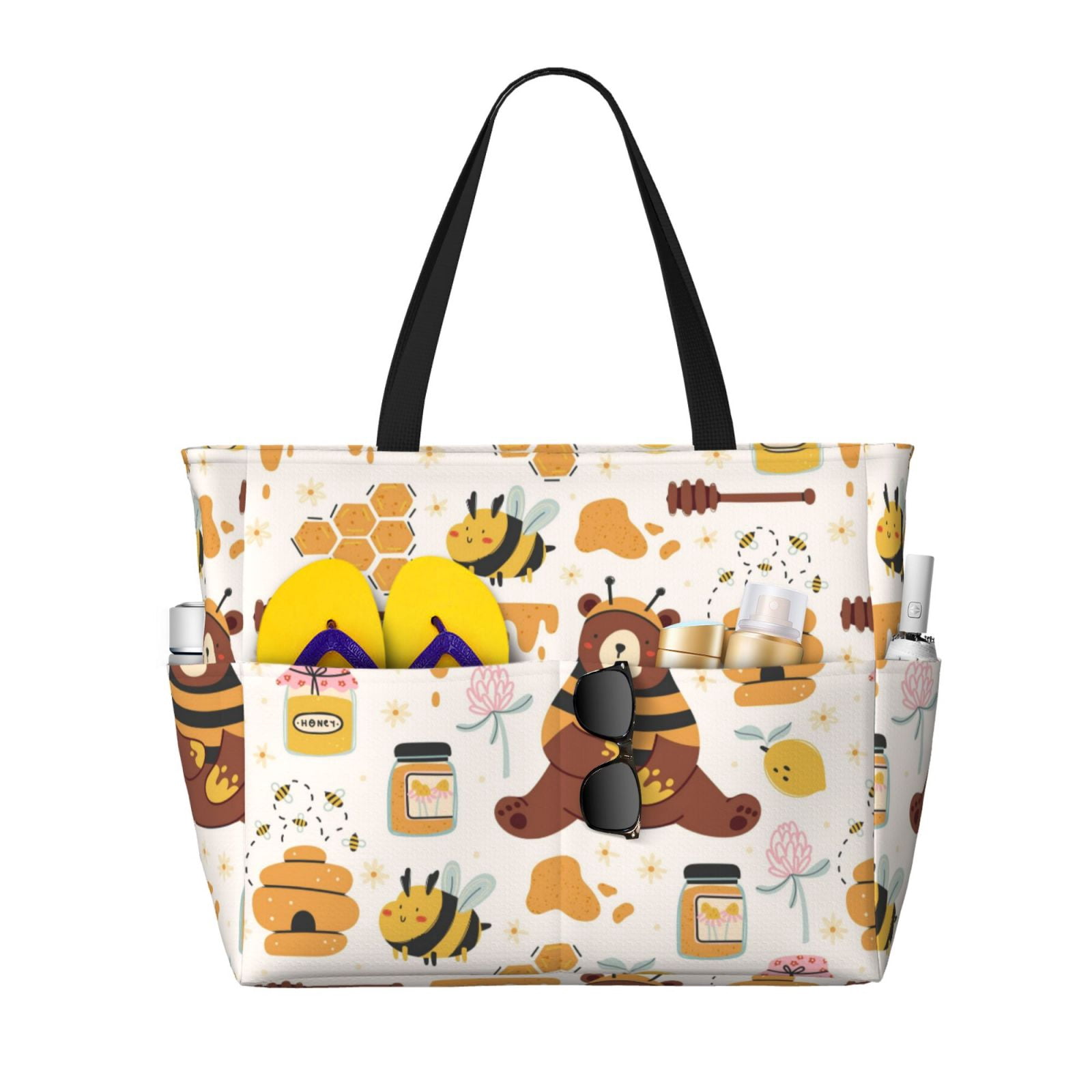 Goofa Cute Bee Honey Jar Hive Bear Print Beach Bags Waterproof Beach ...