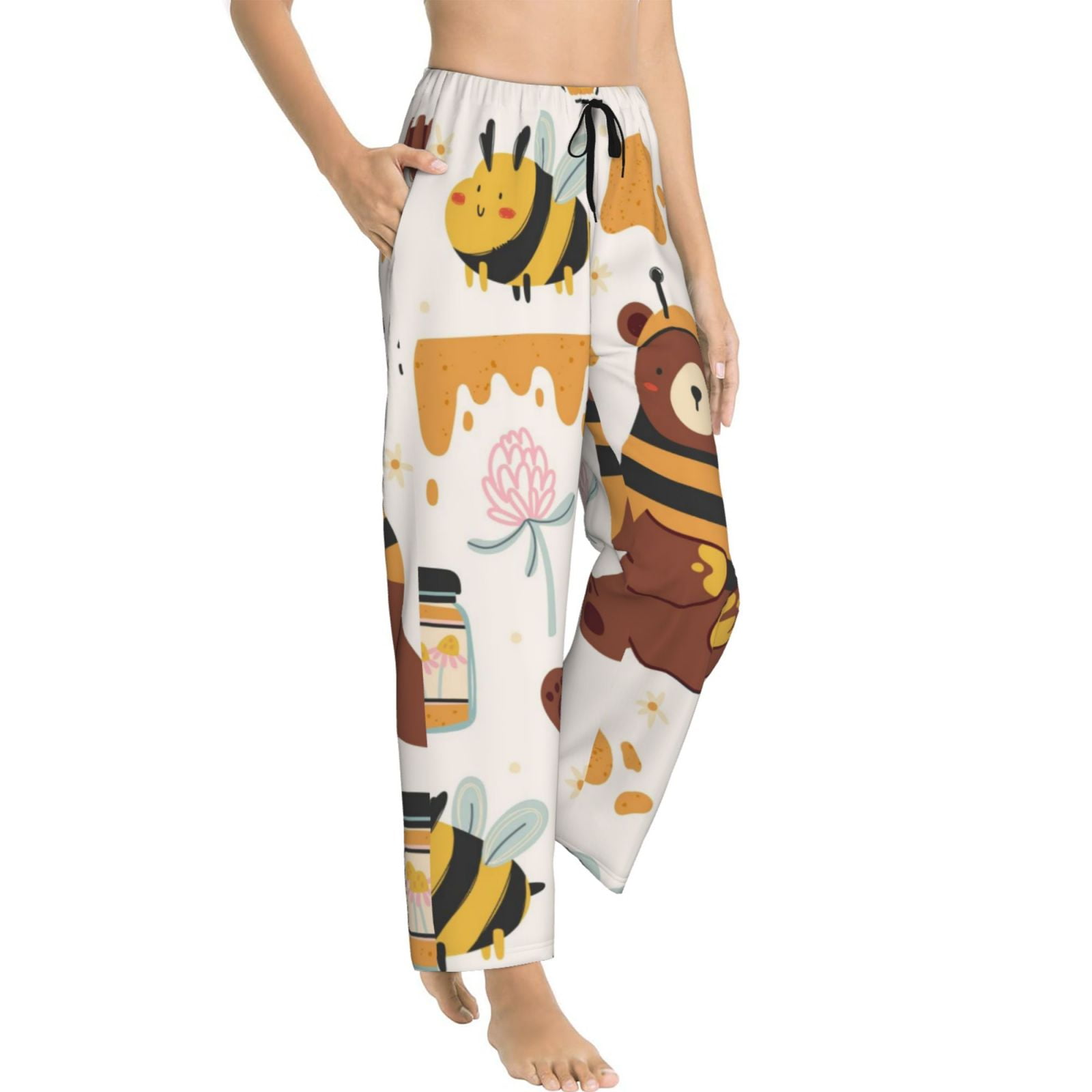 Goofa Cute Bee Honey Jar Hive Bear Printed Soft Pajama Pants for Women, Wide Leg Comfy Casual ...