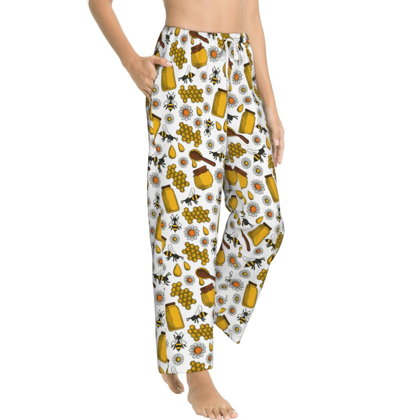 Goofa Cute Bee Printed Soft Pajama Pants for Women, Wide Leg Comfy ...