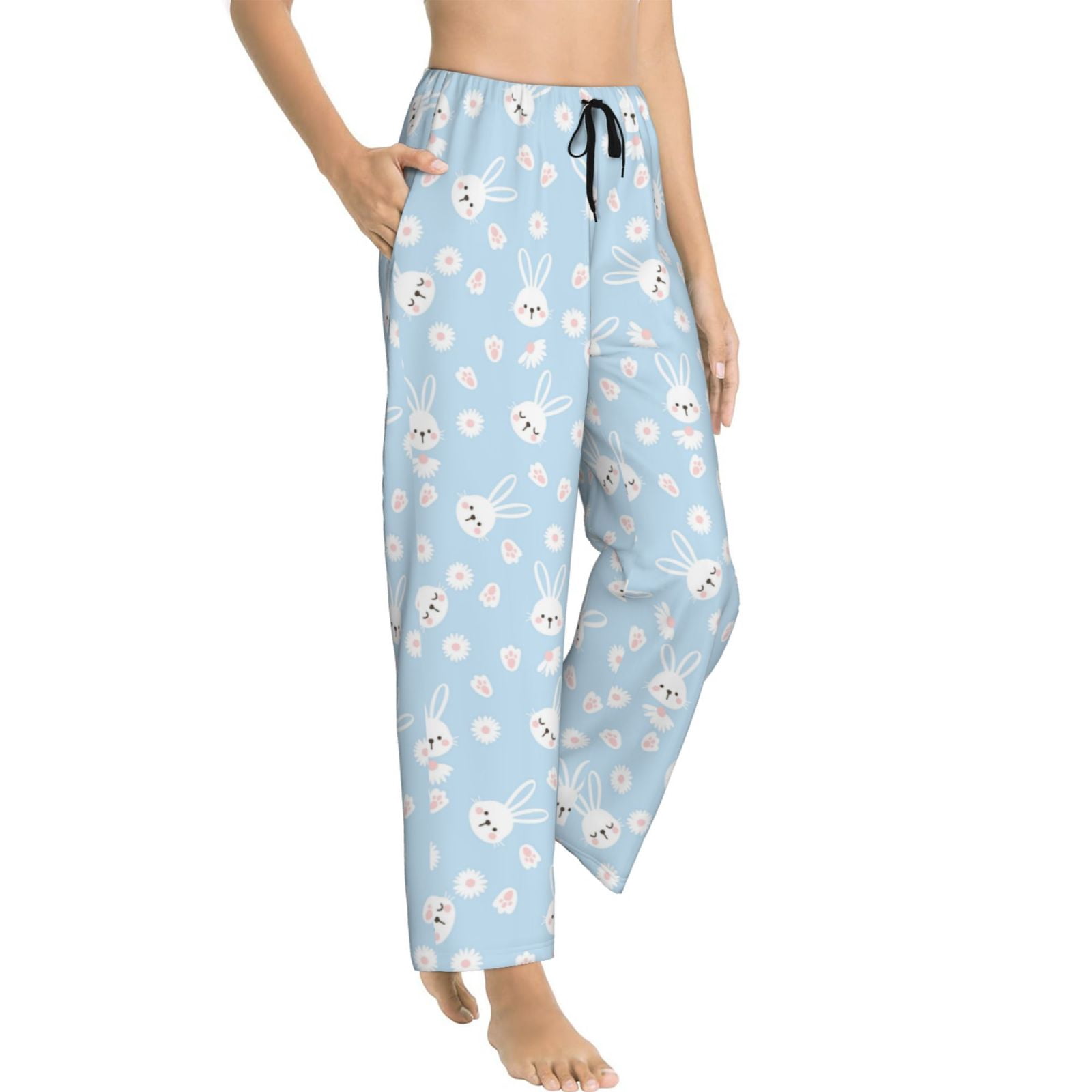 Goofa Cute Bunny Printed Soft Pajama Pants for Women, Wide Leg Comfy ...