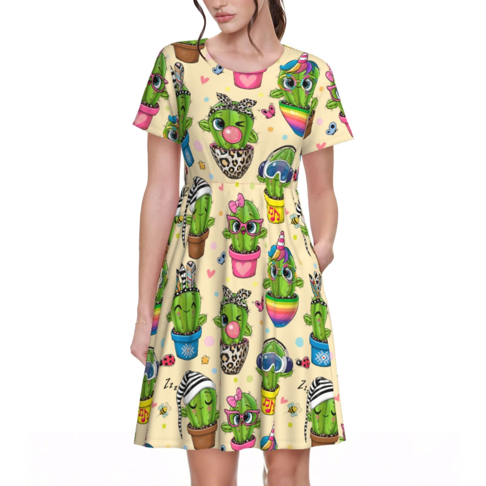 Goofa Cute Cartoon Cactus Pattern Women Summer Short Sleeve Midi Dress ...
