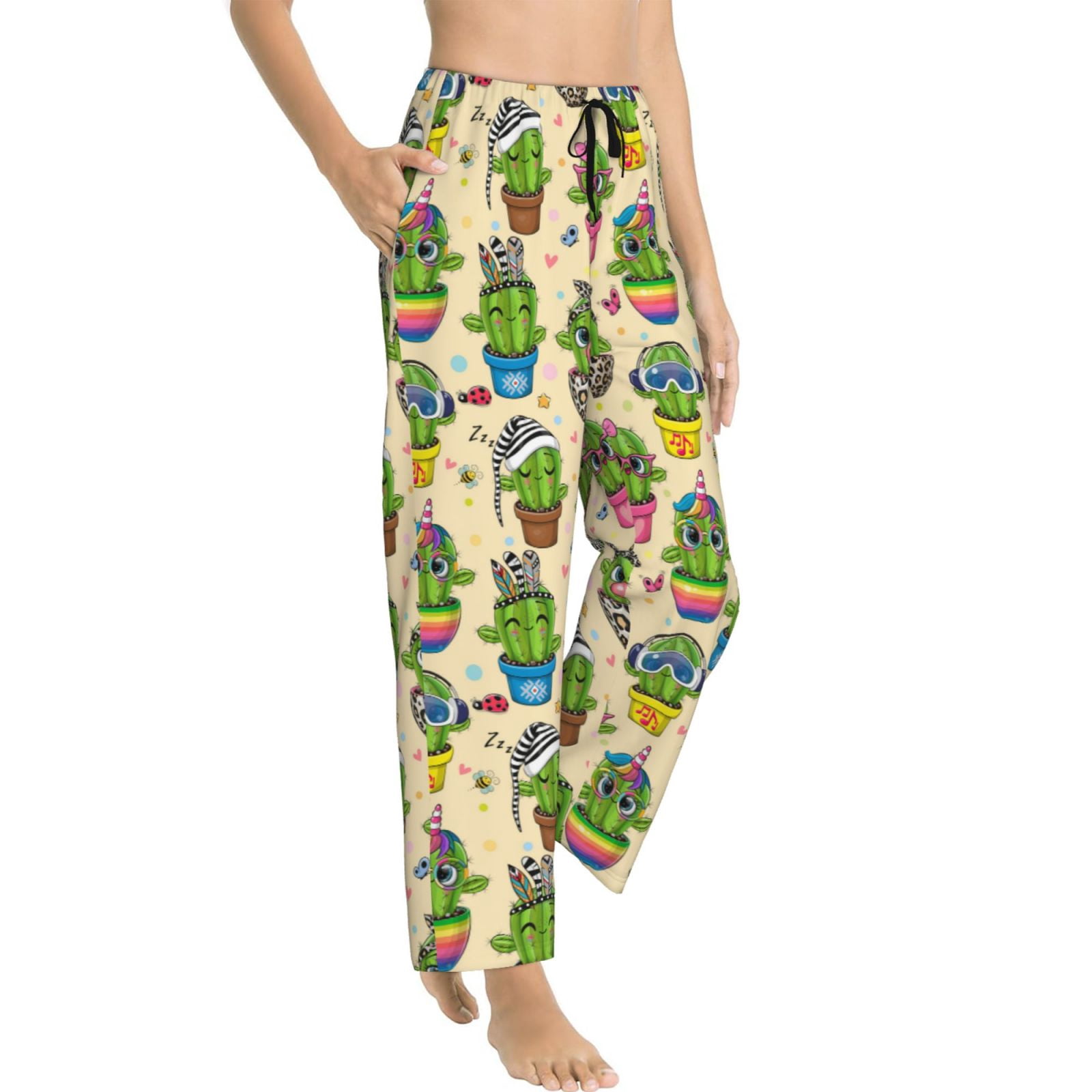 Goofa Cute Cartoon Cactus Printed Soft Pajama Pants for Women, Wide Leg ...