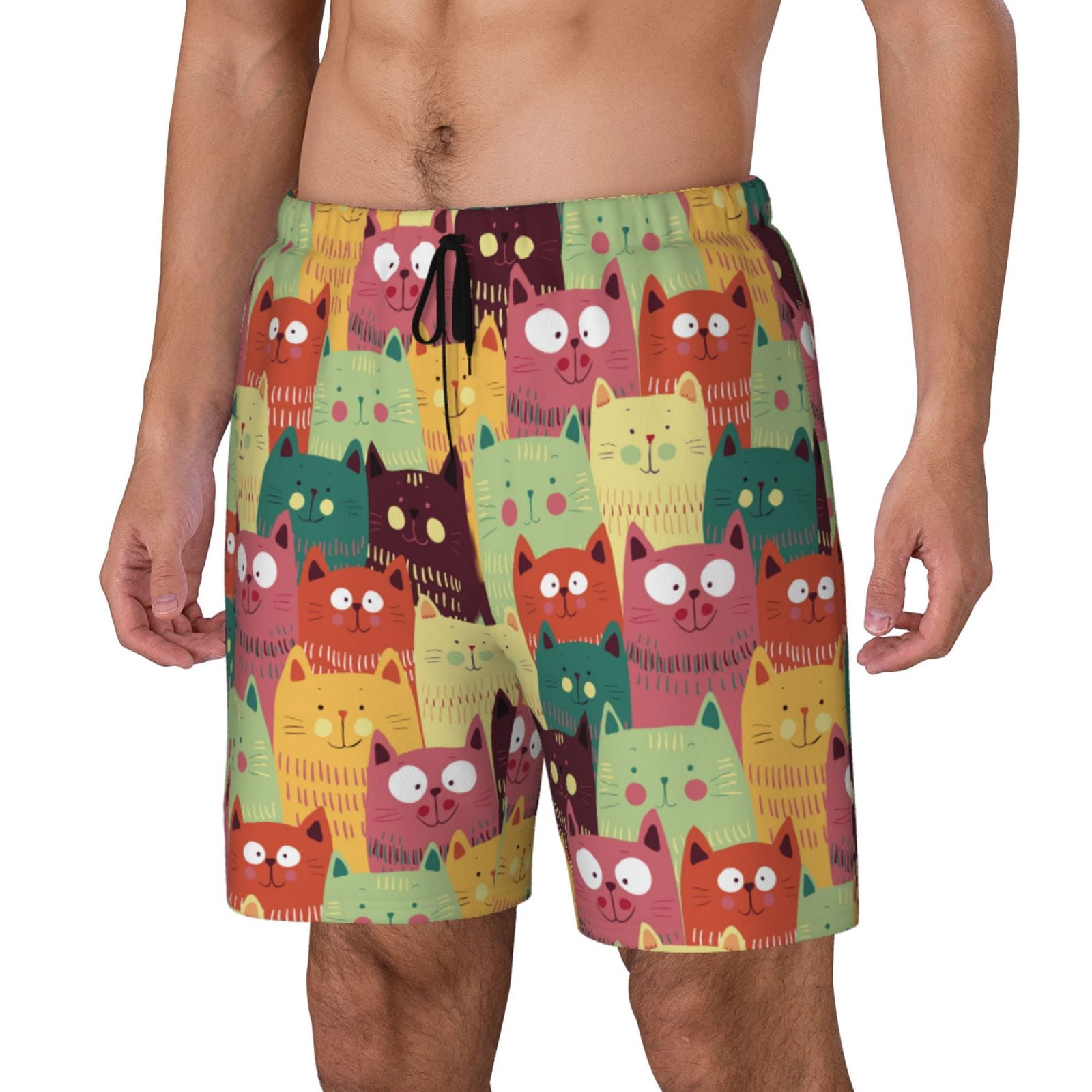 Goofa Cute Cartoon Cat Printed Men's Swim Trunks Board Shorts Quick Dry ...