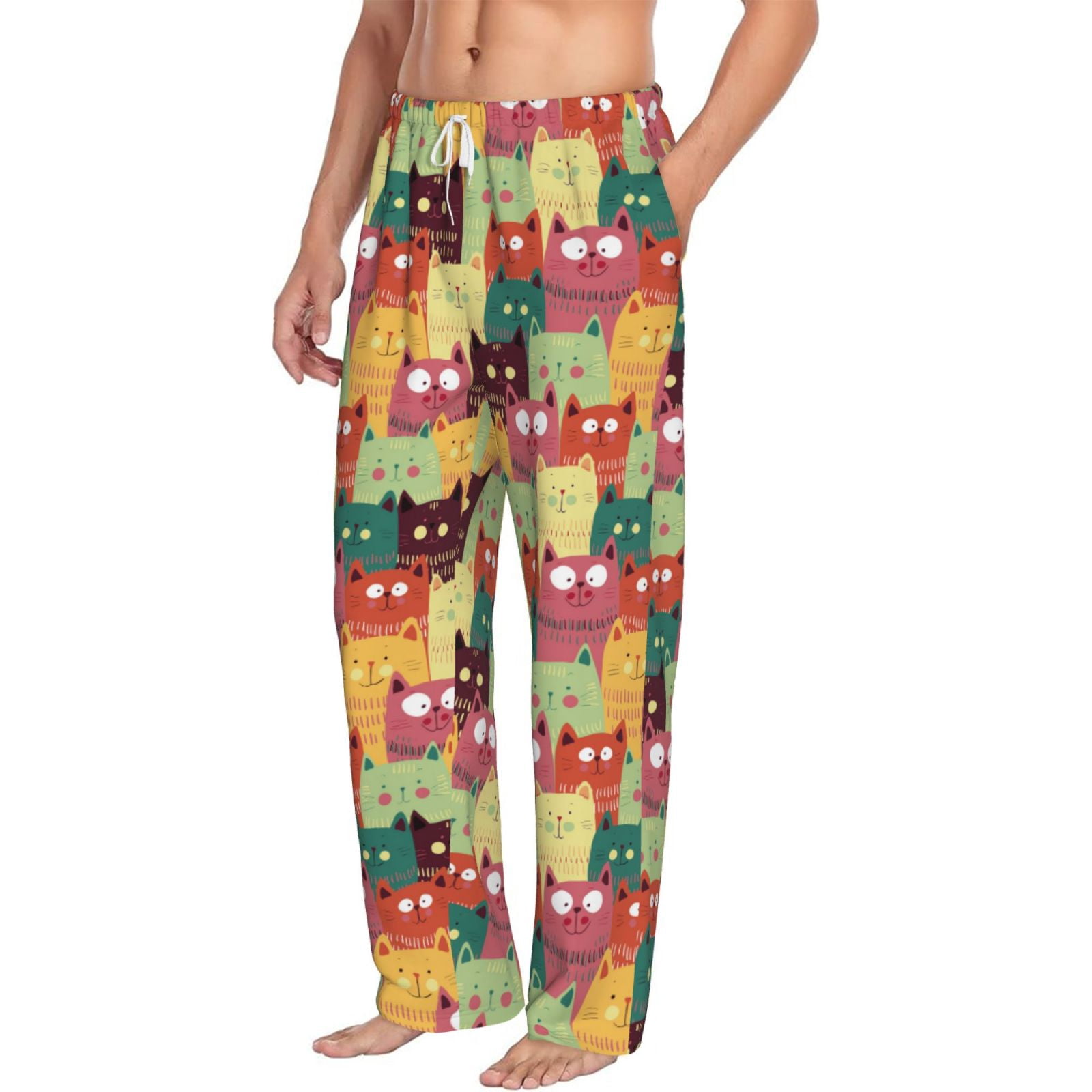 Goofa Cute Cartoon Cat Printed Soft Pajama Pants for Men, Wide Leg ...