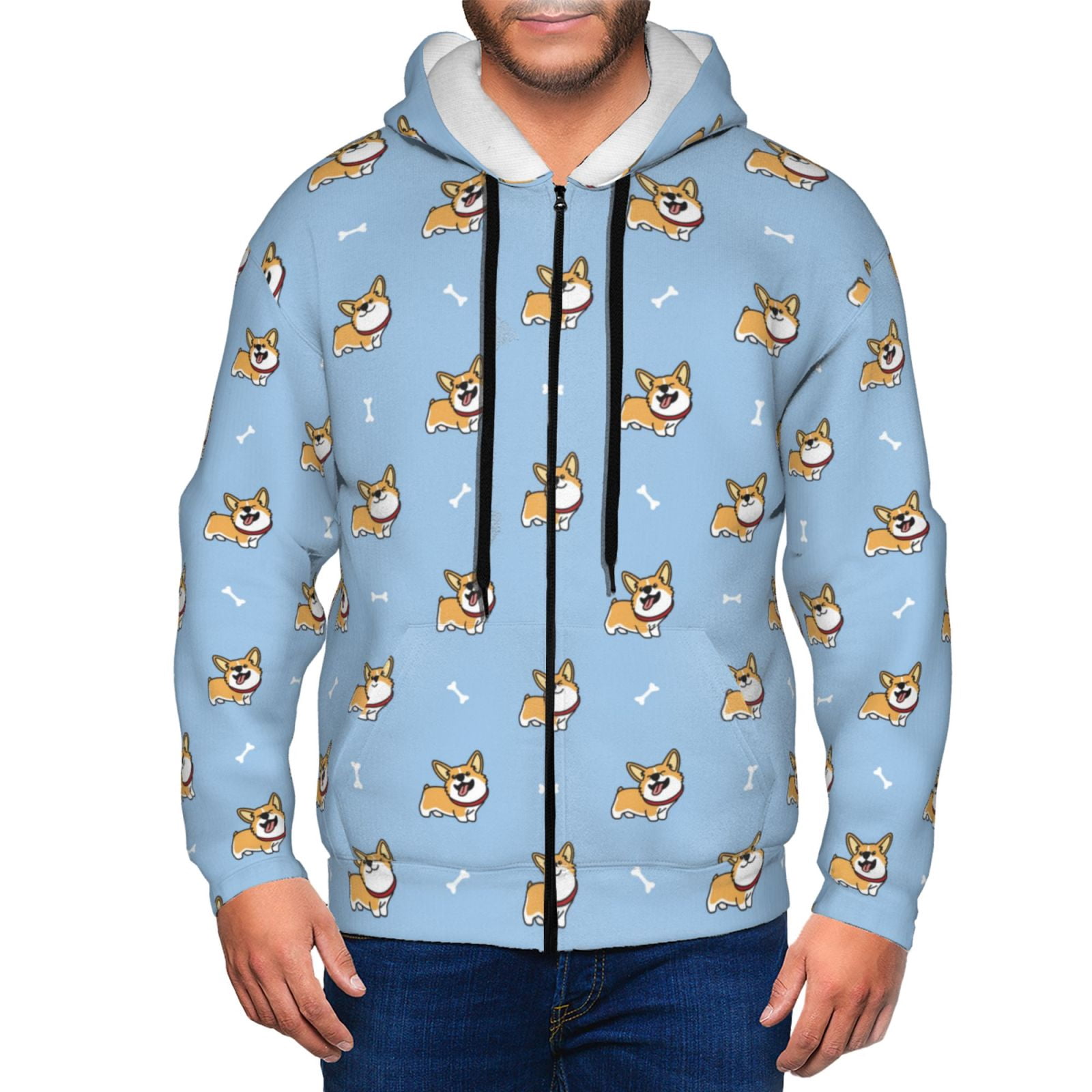 Goofa Cute Cartoon Corgi Pattern Mens Full-zip Hoodie, Zip-up Pullover ...